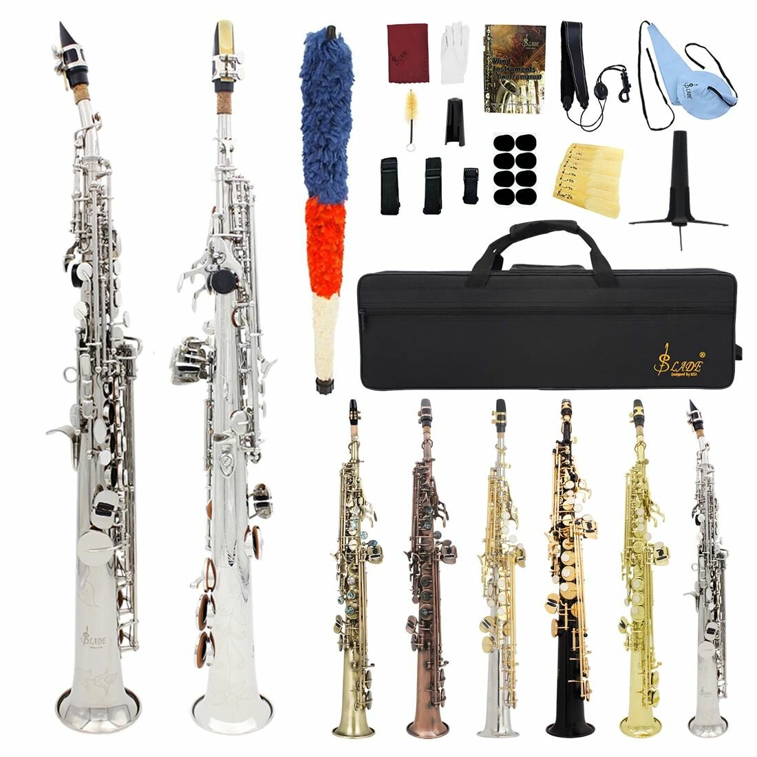 Сопрано-саксофон SLADE, прямой медный духовой инструмент Bb, с футляром, подставкой, набором для чистки и аксессуарами для тростей