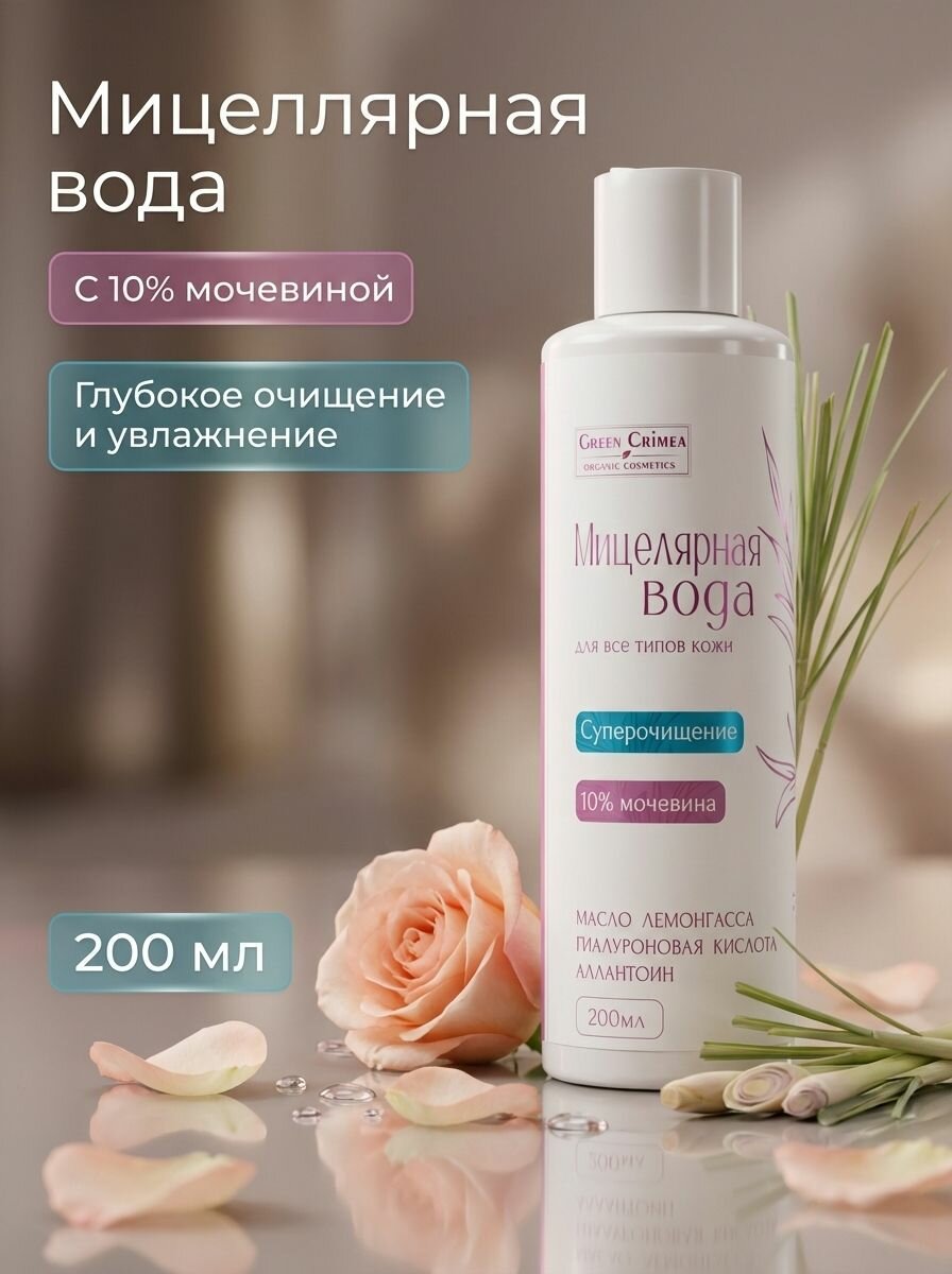 Мицеллярная вода с мочевиной Суперочищение для всех типов кожи с 10% мочевиной и гиалуроновой кислотой, 200 мл