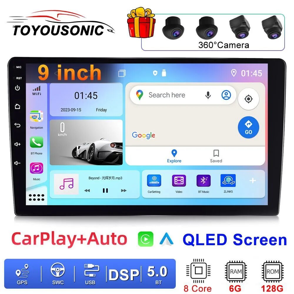 TOYOUSONIC Автомагнитола, диагональ: 9", 2 DIN, 6ГБ/128ГБ
