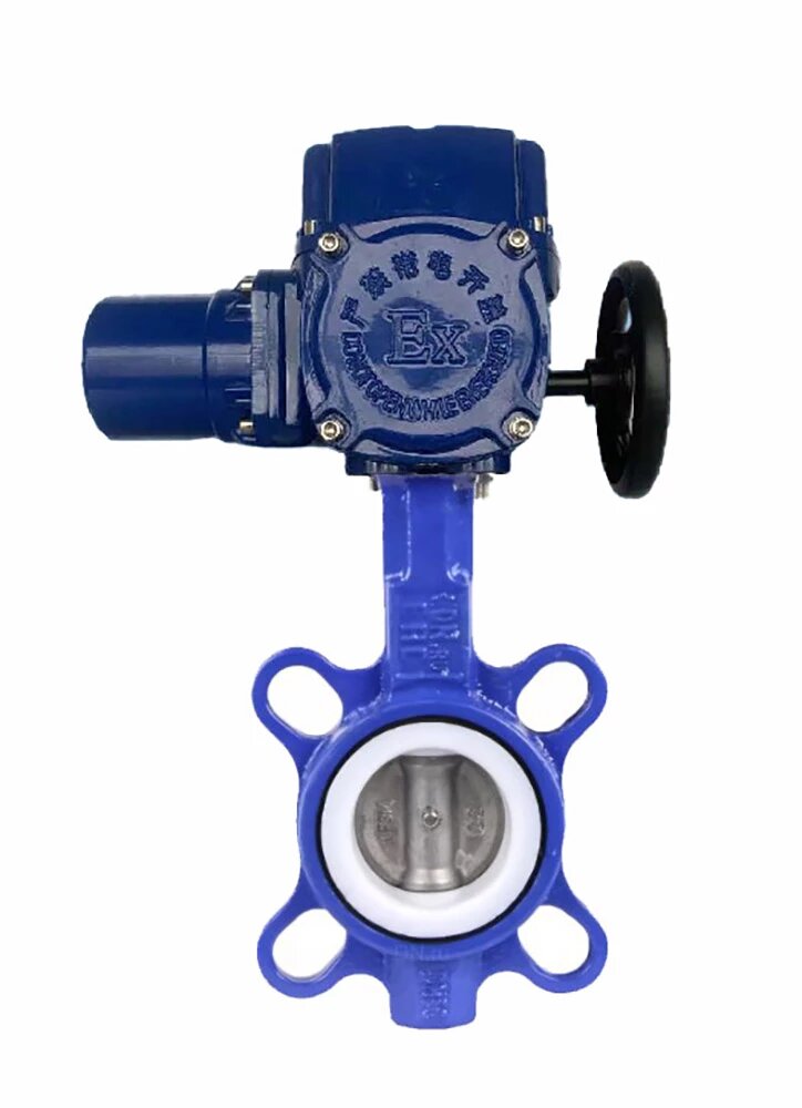 Затвор дисковый поворотный DN.ru WCB-316L-PTFE Ду300 Ру16, корпус - углеродистая сталь WCB, диск - нержавеющая сталь 316L, уплотнение - PTFE, с 1/4-оборотным электроприводом DN.RU QT-W (M) EX-0120 380В