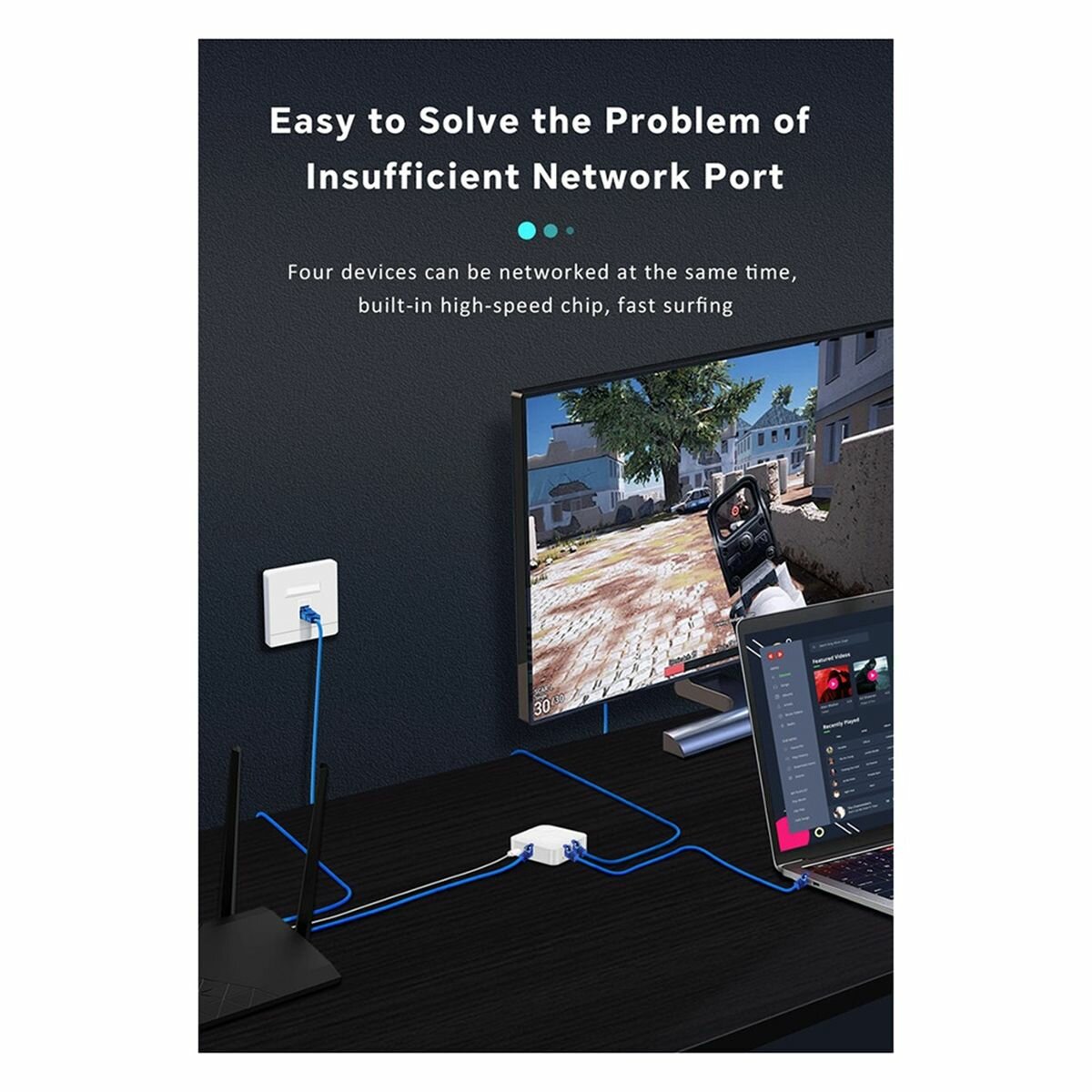 Универсальный сетевой кабель-удлинитель Ethernet-сплиттер высокоскоростной USB C Power Gigabit Internet Rj45 адаптер 1 к 2