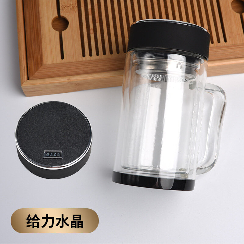 Двухслойная стеклянная кружка с ручкой, индивидуальный логотип, устойчивая к высоким температурам, оптовая чайная кружка, офисная кружка, рекламный подарок, водяная кружка с печатью