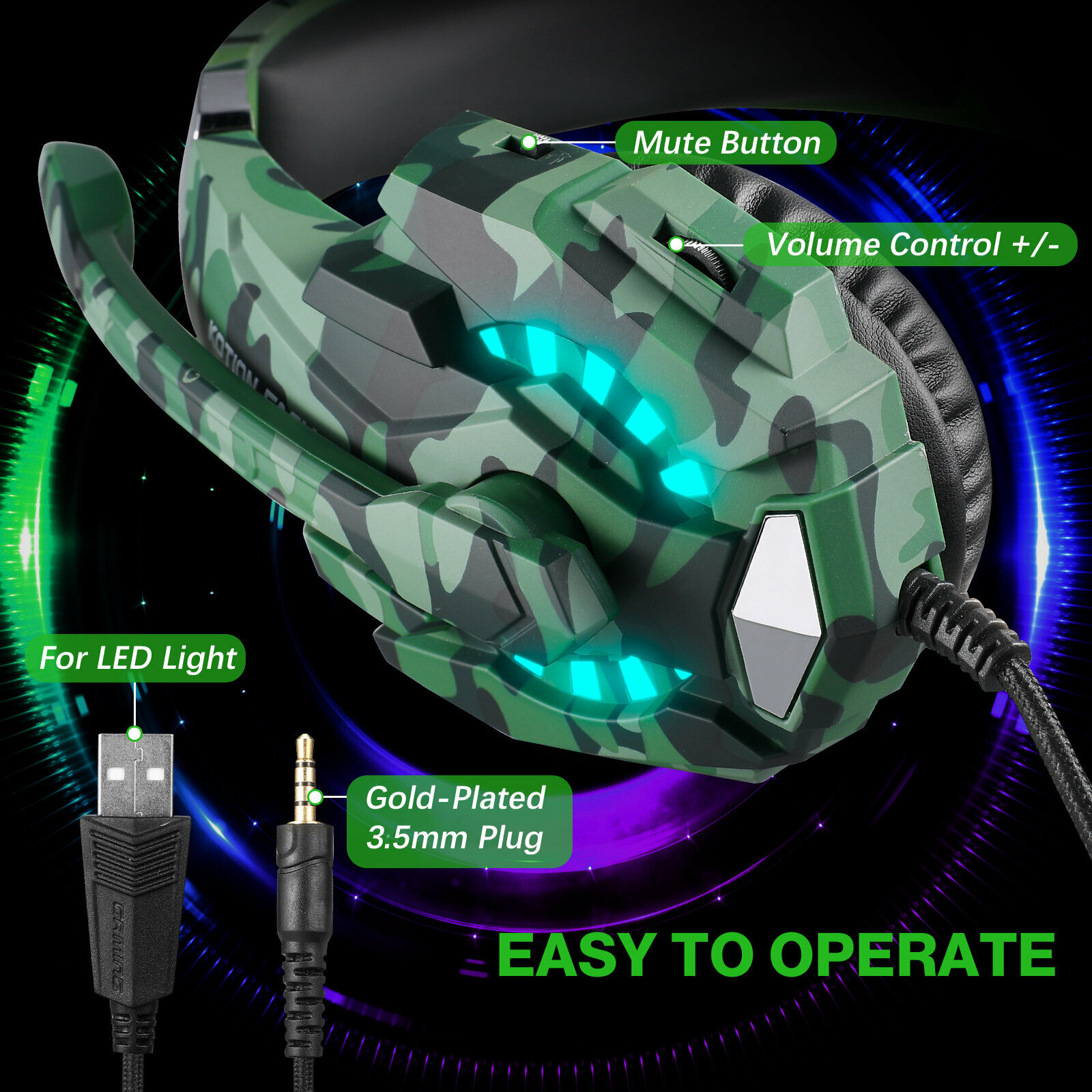 KOTION EACH G9000Pro наушники с 3.5 мм одинарным разъемом для ПК и смартфона, камуфляжный зеленый