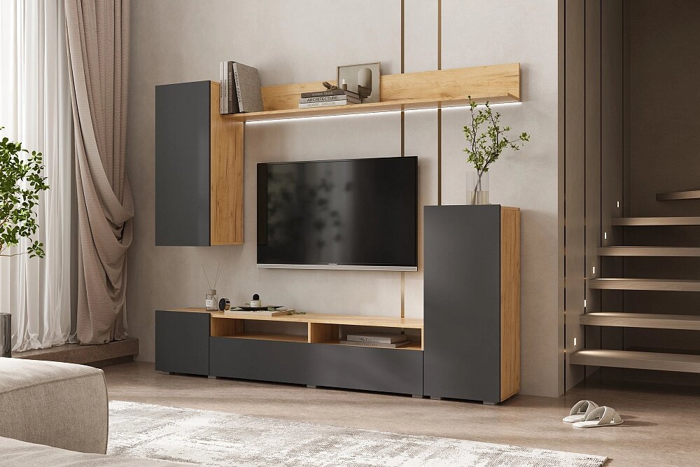 Гостиная центральная секция стенка ниша под ТВ, шкаф, Верона, 213х170х35 см, Верона Графит / Дуб Крафт