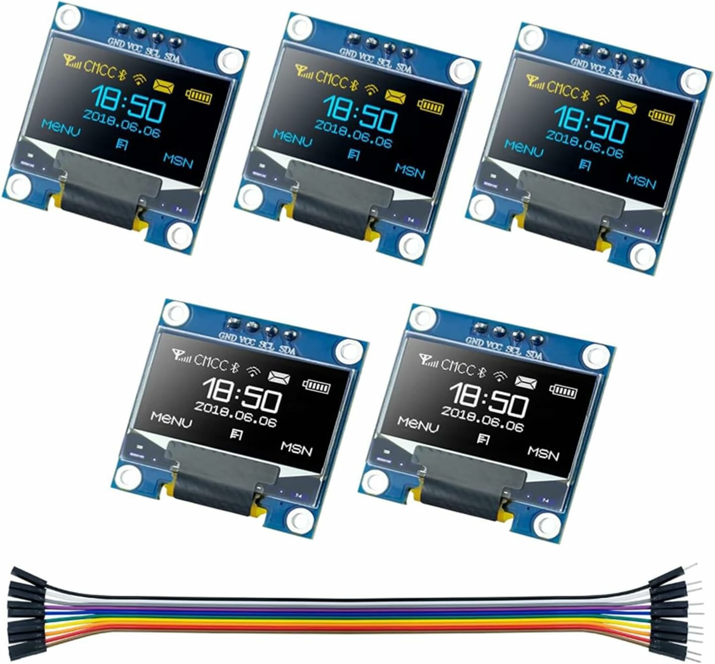 5 OLED дисплеев 0.96 дюйма, модуль I2C SSD1306 128x64. Готовый набор с 10-пиновыми проводами для быстрого подключения к Arduino Nano/Uno, Raspberry Pi Pico и ESP32