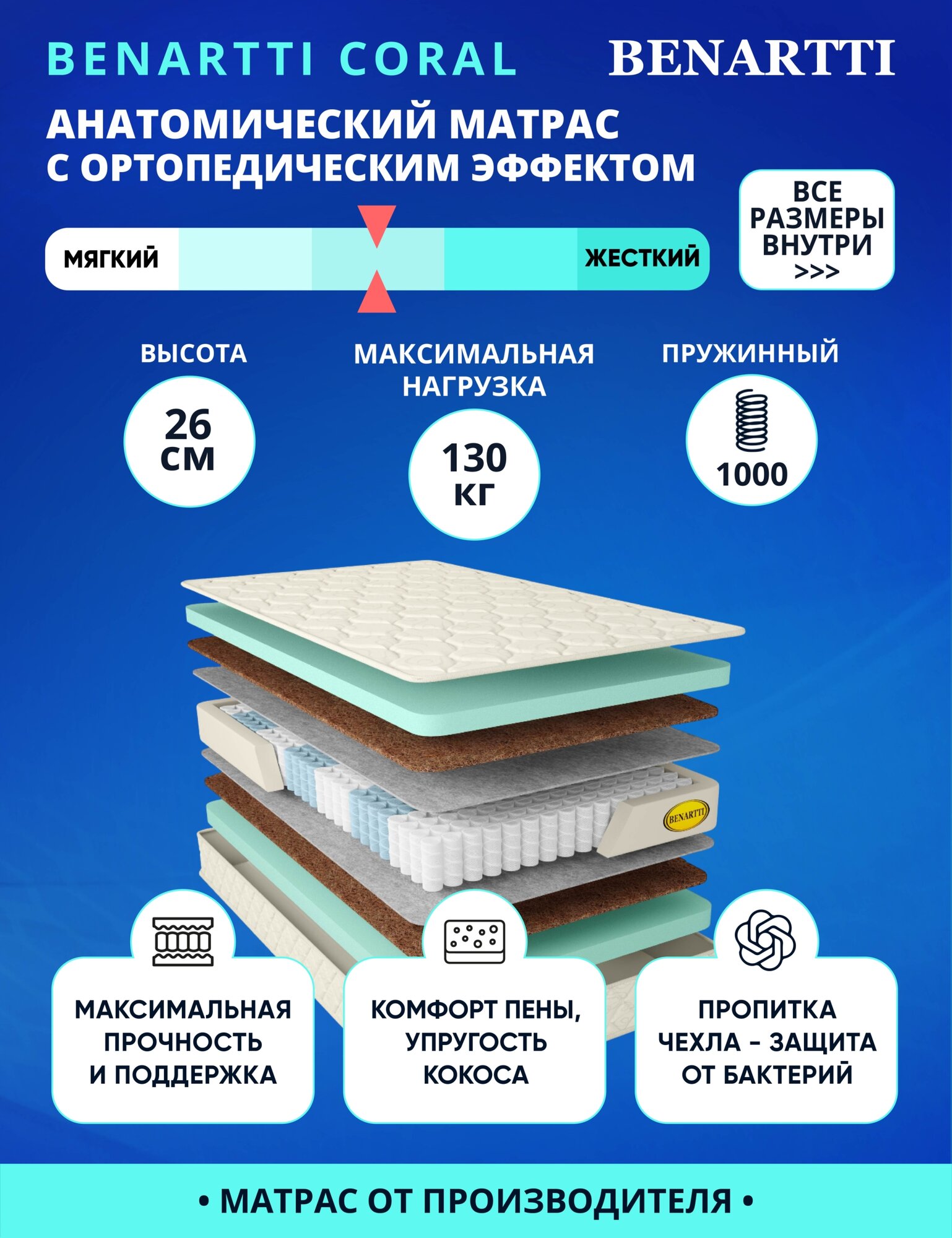 Матрас Benartti Coral 70х180 серии Lux высота 26 см анатомический средней жесткости кокосовый Независимые пружины