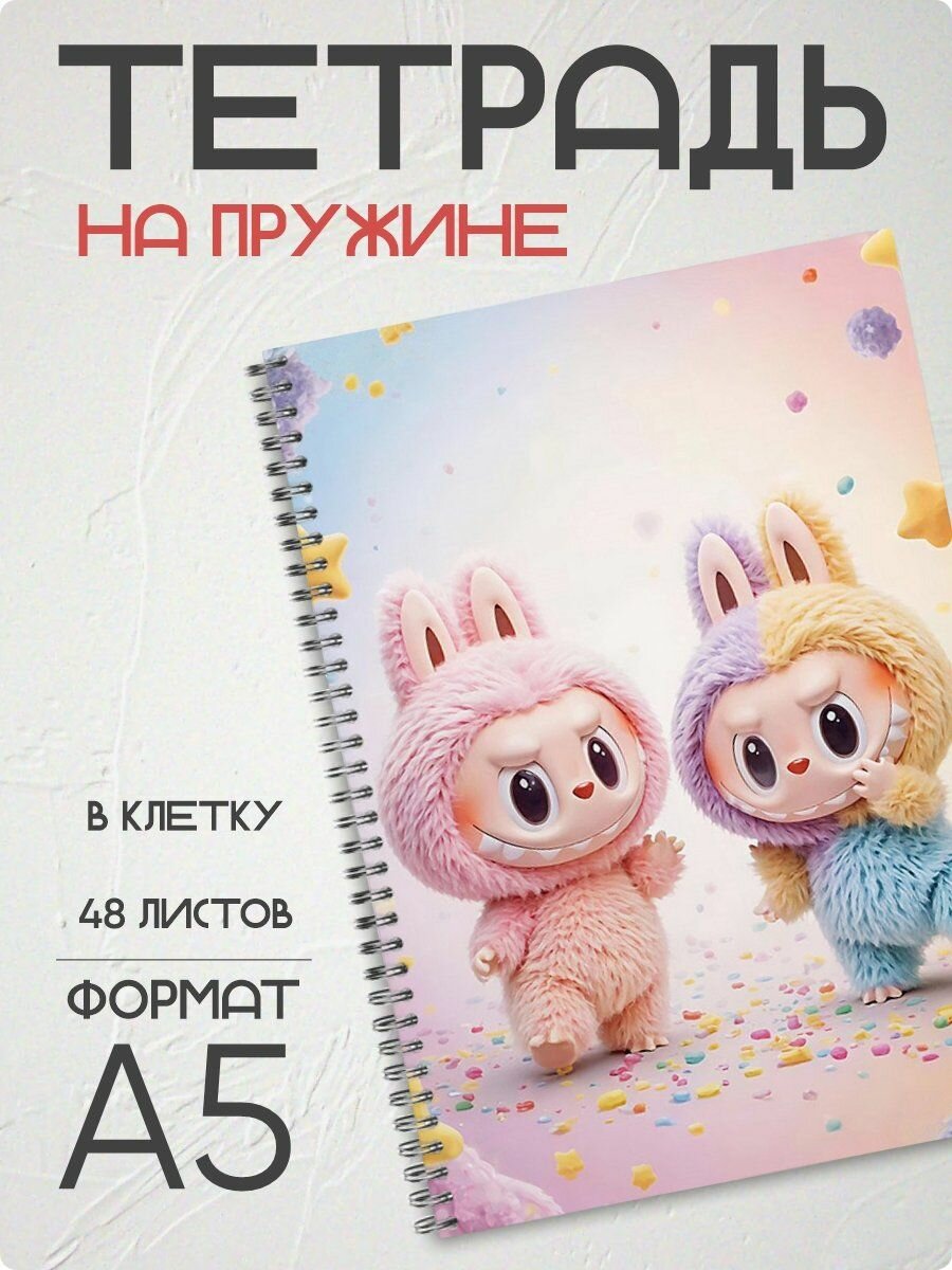 Тетрадь в клетку 48 листов на пружине, блокнот А5 Лабубу Фиолетовый