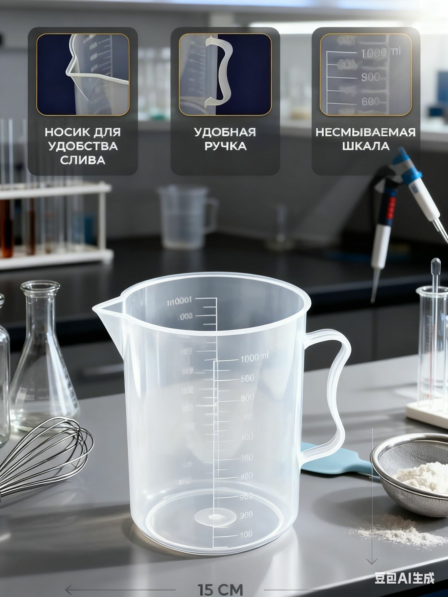 Мерный кувшин 1 литр с градуировкой, пластиковый мерный стакан 1000 мл для кухни, емкость для жидкостей и сыпучих продуктов