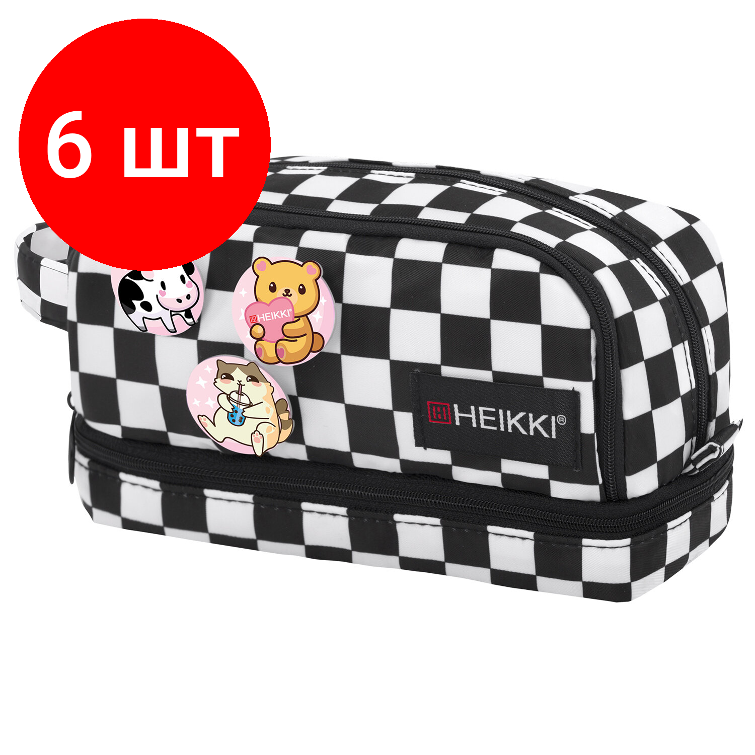 Комплект 6 шт, Пенал-органайзер HEIKKI (хейки) с ручкой, значки, 2 отделения, откидная планка, 22x13х10 см, Black&white, 273601