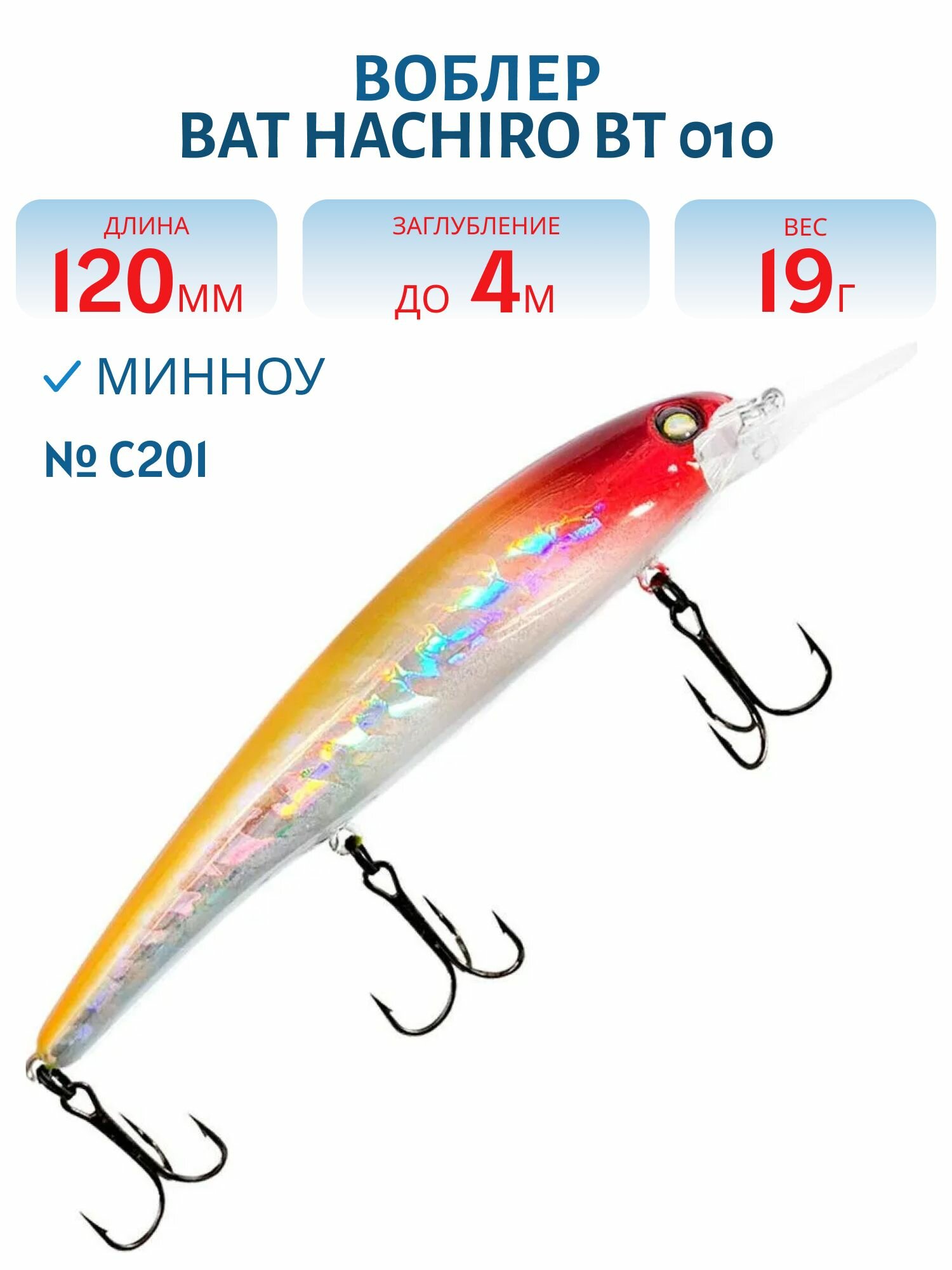 Воблер BAT HACHIRO BT 010, 120мм, 19 гр, 0-4 м, цвет #C201