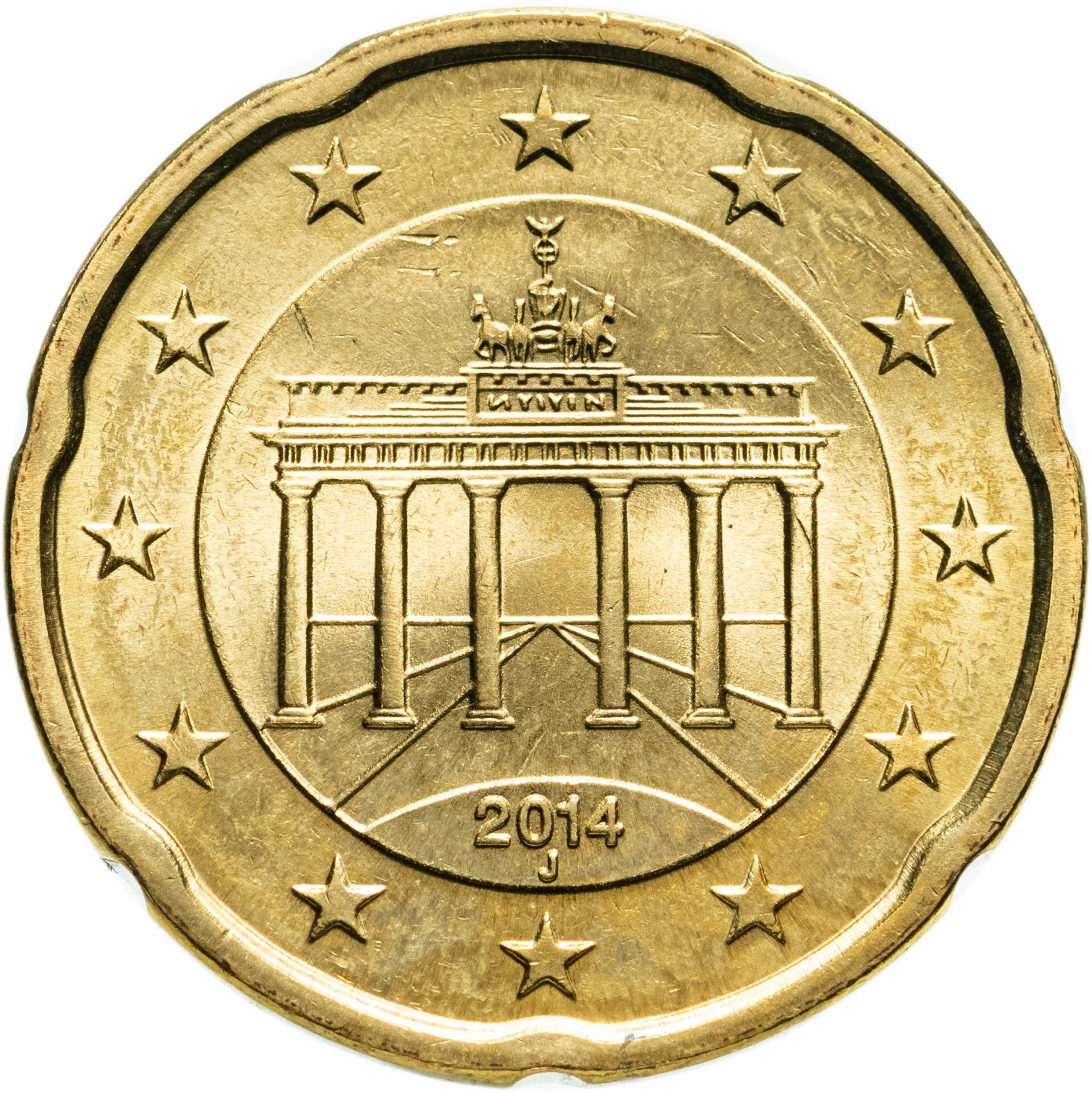 Германия 20 евроцентов 2014 двор J, Латунь, в сохранности UNC