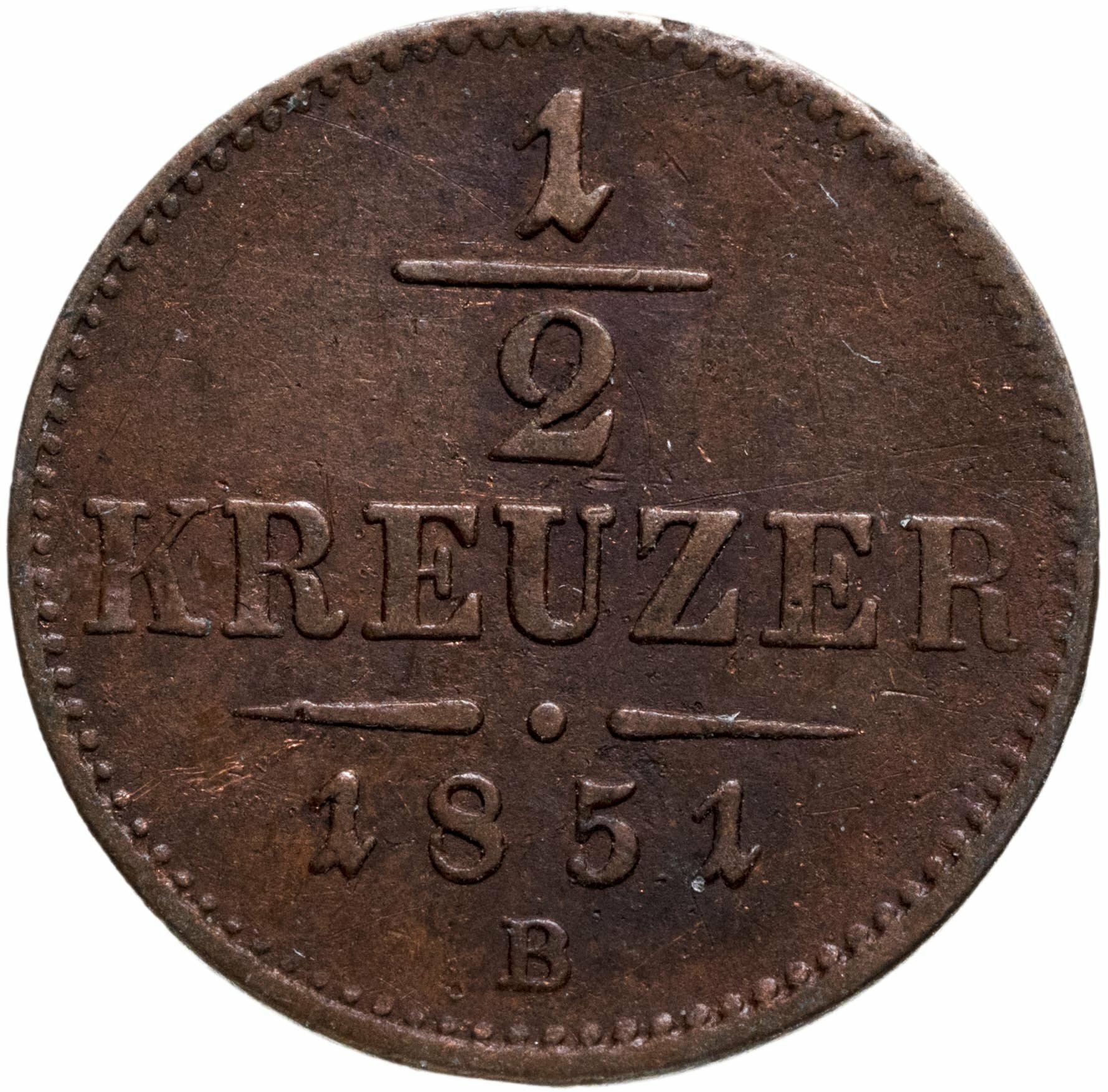 Австрия 1/2 крейцера kreuzer 1851 A, Медь, в сохранности XF