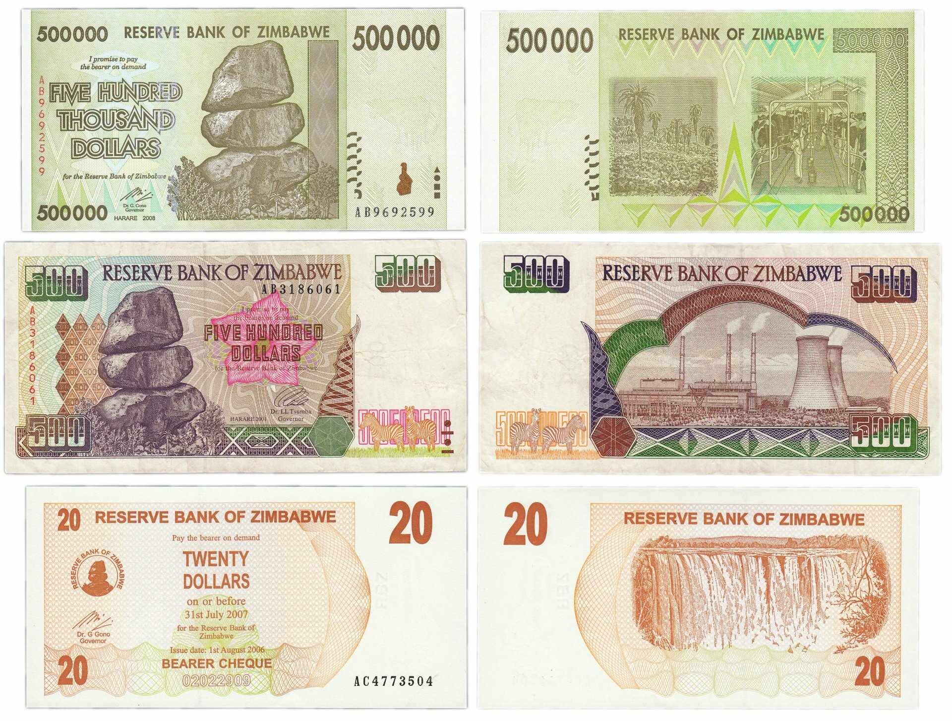 Зимбабве набор из 3 банкнот 20, 500, 500000 долларов 2001-2008