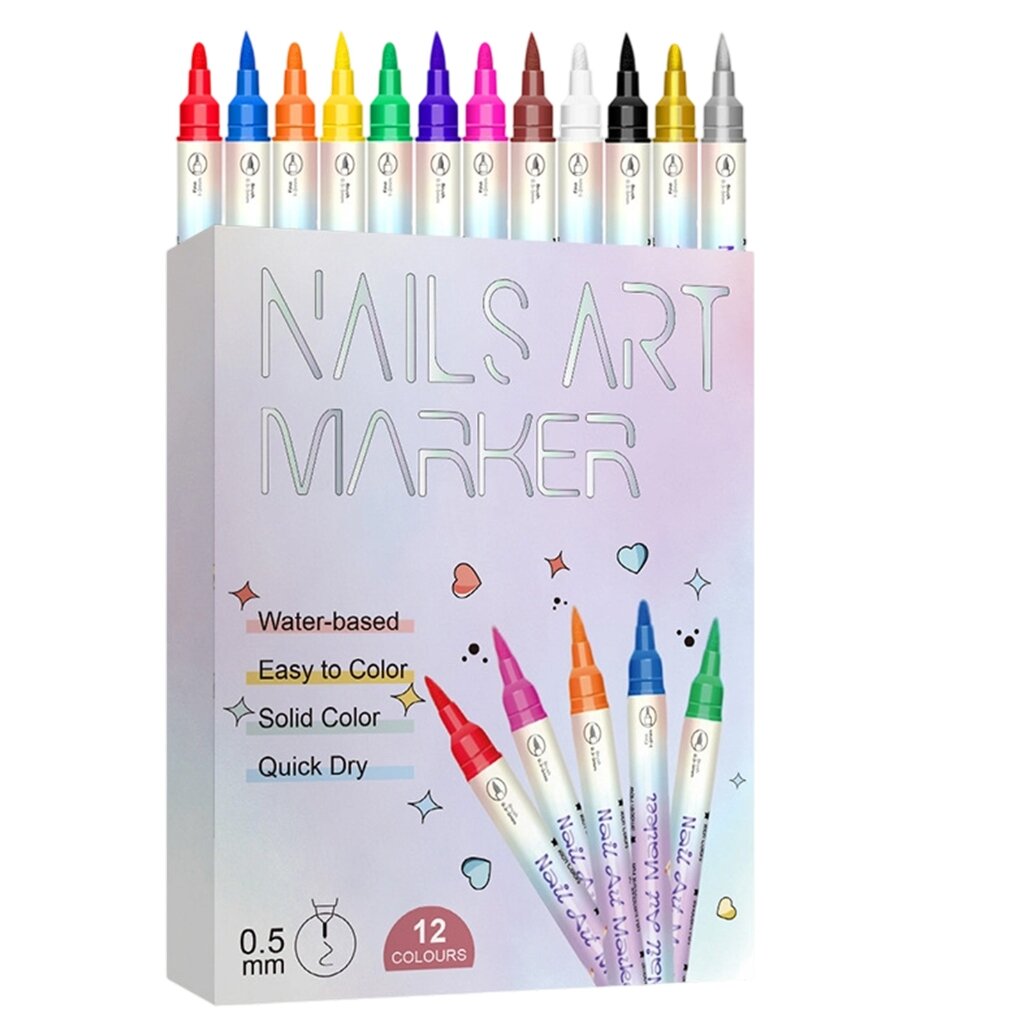 12шт Ярких цветных фломастеров для ногтей с двусторонним покрытием для художественного выделения тонких кончиков, контроля блеска и творческого использования