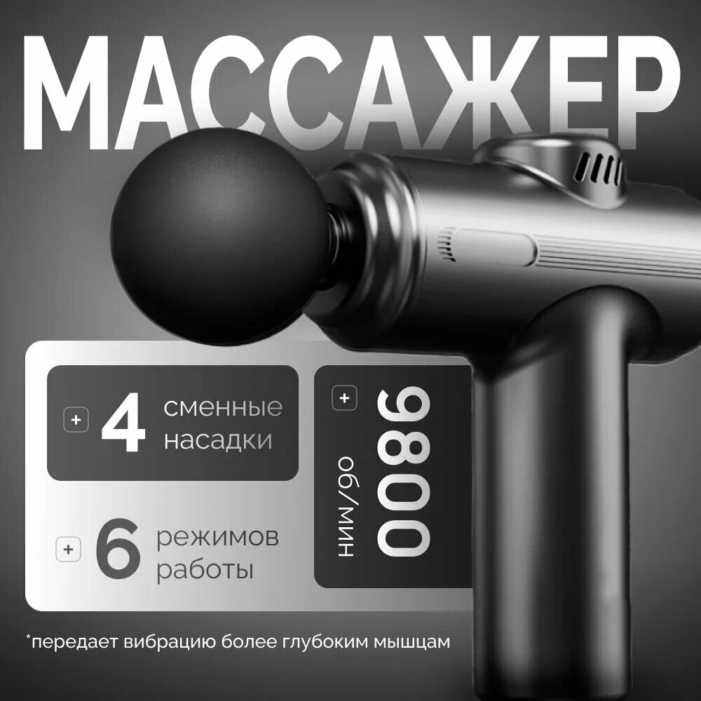 Массажер черный перкуссионный электрический для тела, шеи, плеч, спины, рук и ног с кейсом для хранения, массажный ударный антицеллюлитный пистолет с мощным аккумулятором