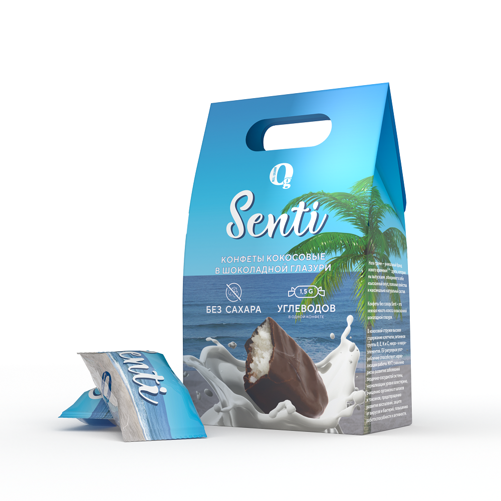 Конфеты Senti, кокосовые, в шоколадной глазури, без сахара, 90 г