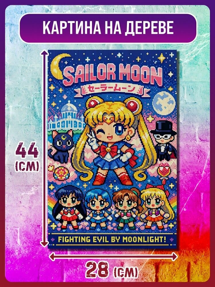 Картина интерьерная на дереве аниме Sailor Moon (Сейлор Мун, чиби, кавай, ретро, пиксель арт, 16 bit) - 52512210