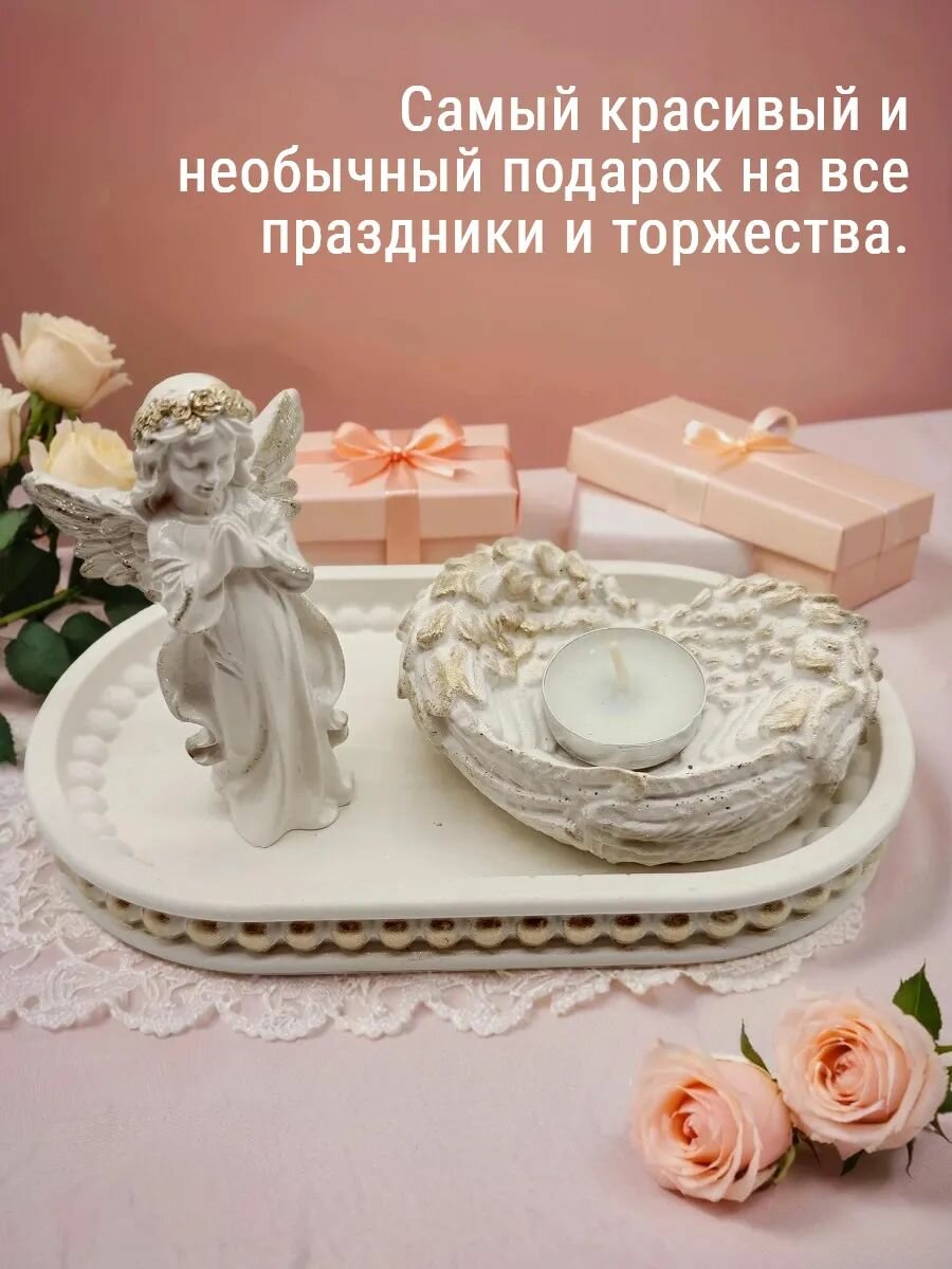 Декор из гипса для интерьера ангел с крыльями подсвечником, ручная работа