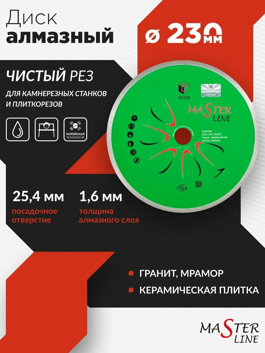Диск алмазный отрезной DIAM сплошной 230x1,6x7x25,4 Гранит, серия Мастер (Гранит, Керамогранит)