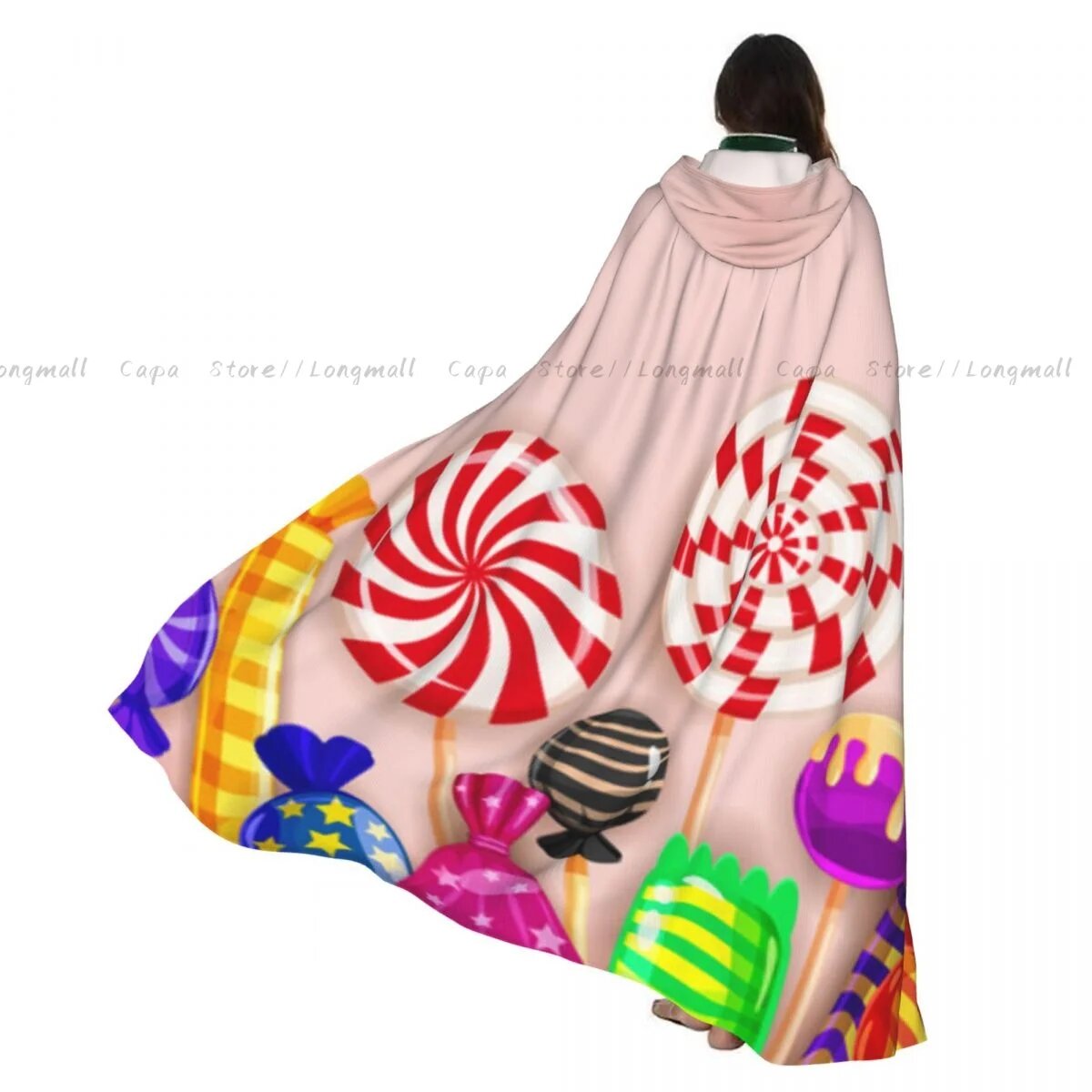 Взрослые сладости на Хэллоуин, красочные леденцы, конфеты, плащ, накидка с капюшоном, средневековый костюм, платье полной длины, пальто