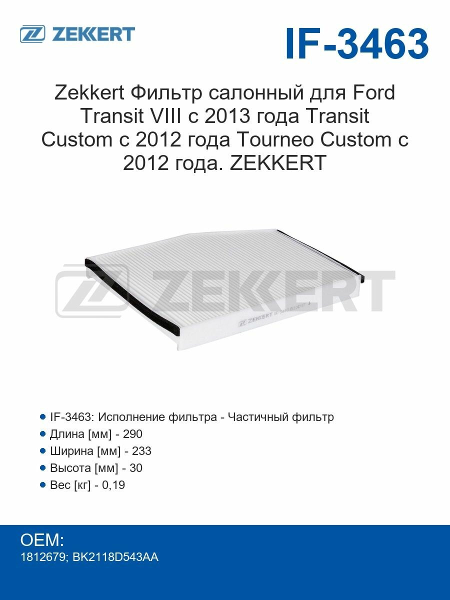 Zekkert Фильтр салонный для Ford Transit VIII с 2013 года Transit Custom с 2012 года Tourneo Custom с 2012 года. ZEKKERT