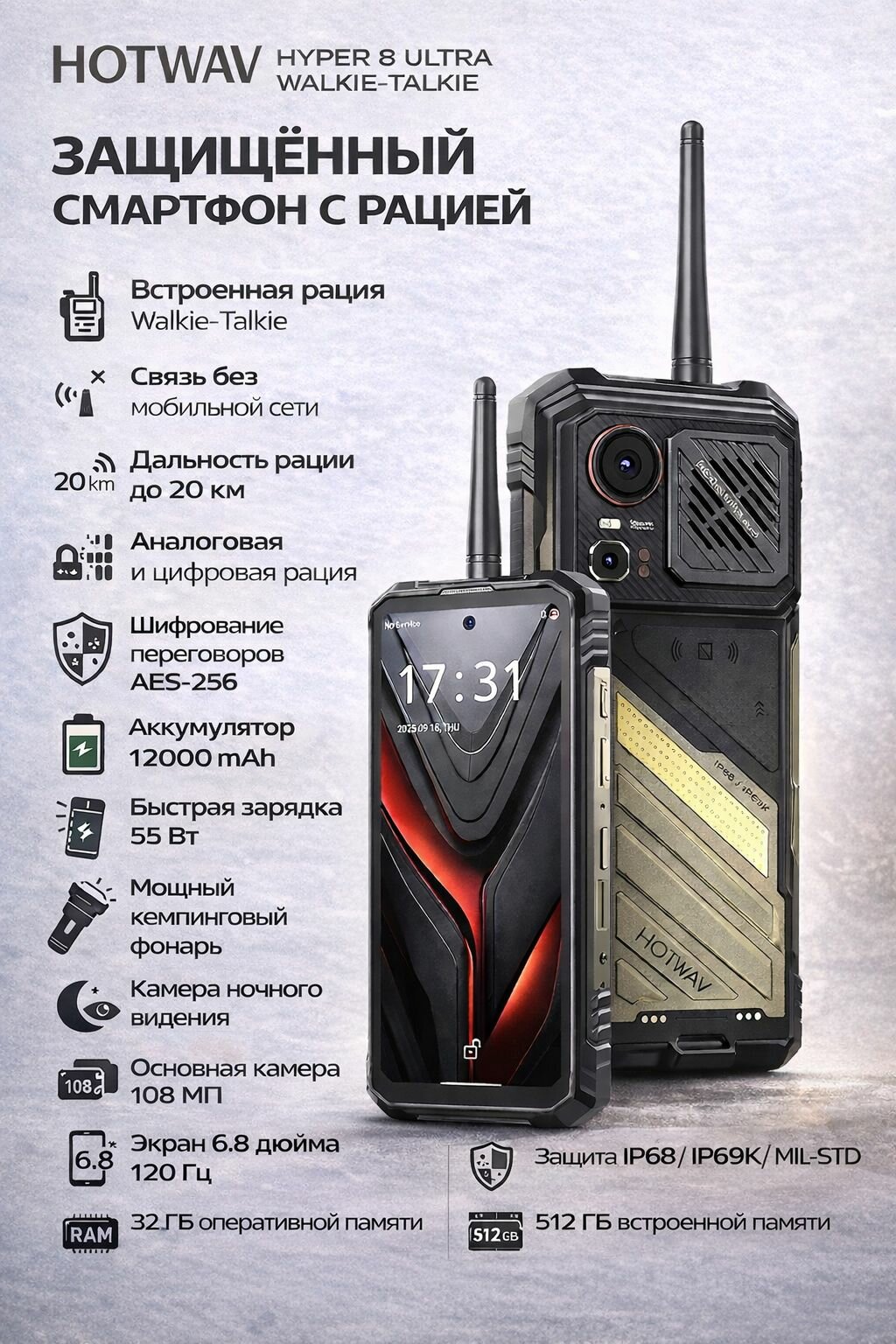 Смартфон с рацией Hotwav Hyper 8 Ultra Walkie-Talkie, черный