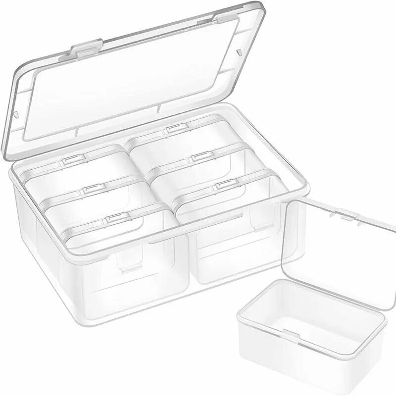 Контейнер органайзер пластиковый 12,7х16,5х6см для мелочей/бисера/снастей с 6 отдельными мини-контейнерами 5х7,5х3,5см с крышками