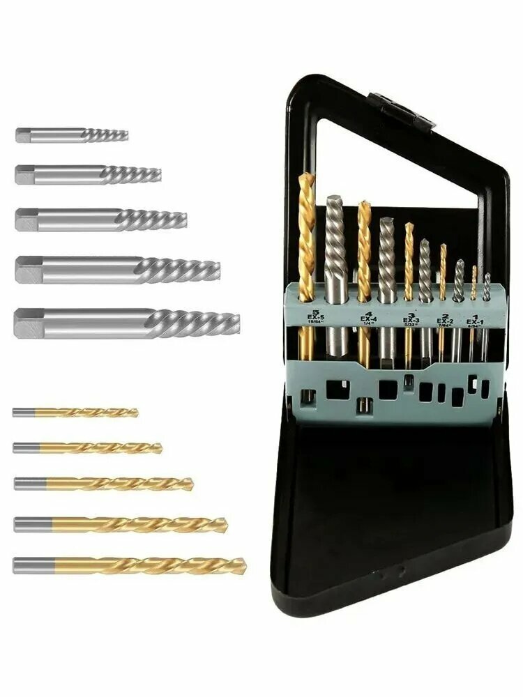 Набор экстракторов и сверл в стальном кейсе 10 предметов / Экстракторы 5 шт. и Сверла Левые 5 шт. для выкручивания сломанных болтов и шпилек-DKD-CJ0811