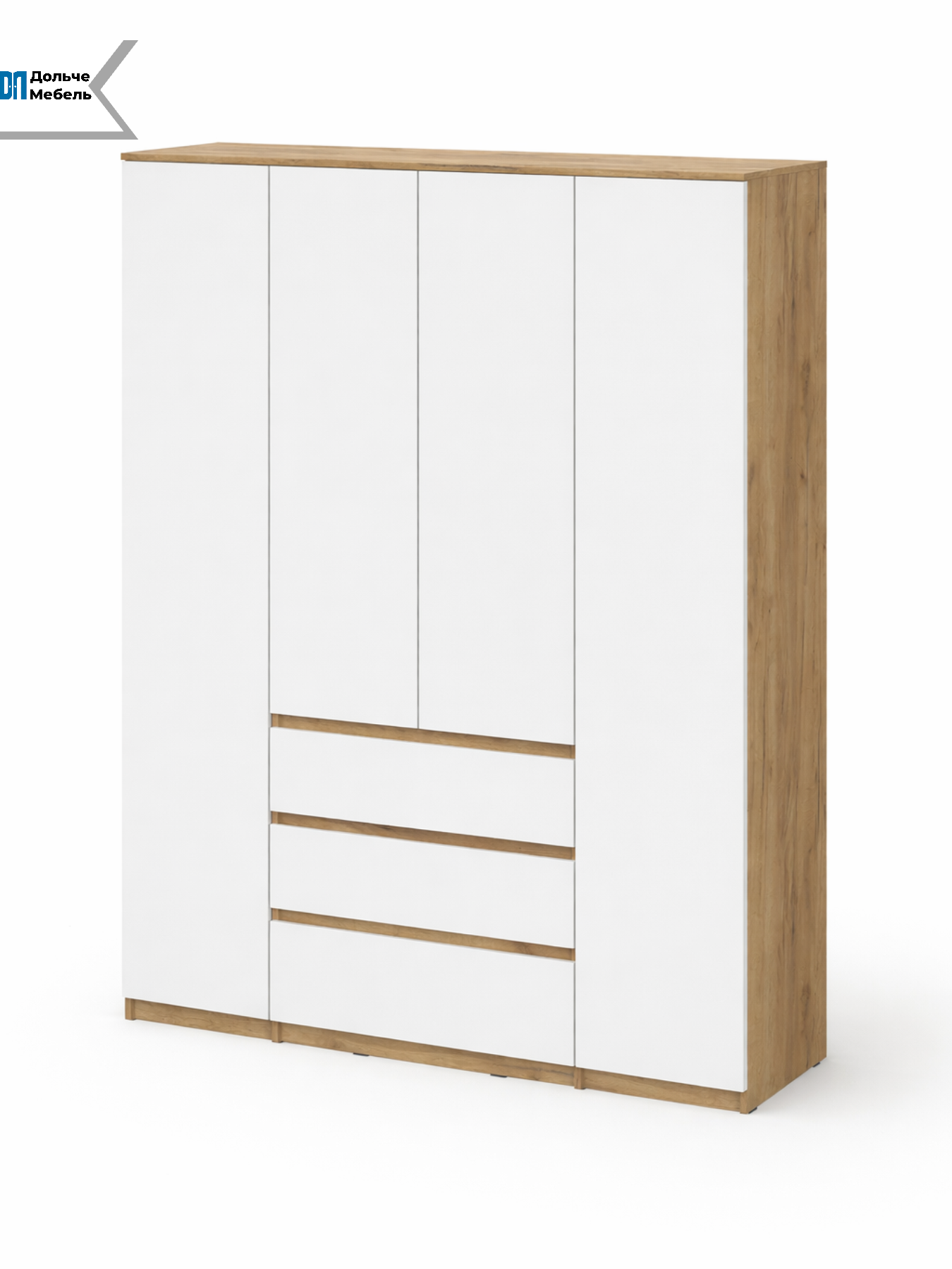 Шкаф распашной 4-дверный 160×46×205 см, вместительный для одежды и белья, Арника Денвер, дуб золотой/белый, с ящиками