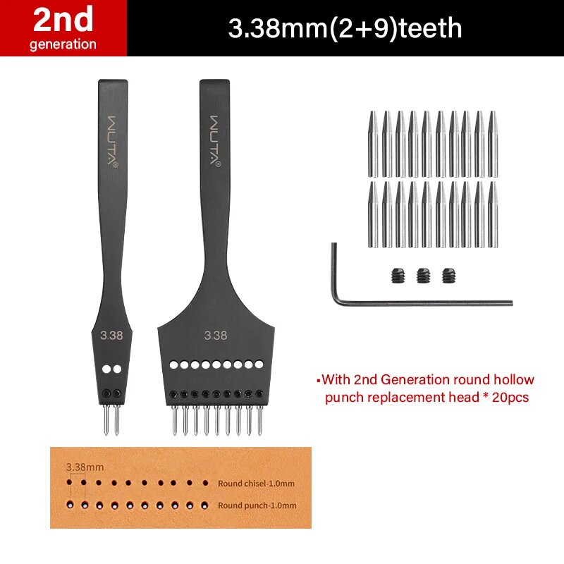 WUTA пробойник для кожи 3.38mm (2+9 зубьев), 2-е поколение, 20 головок