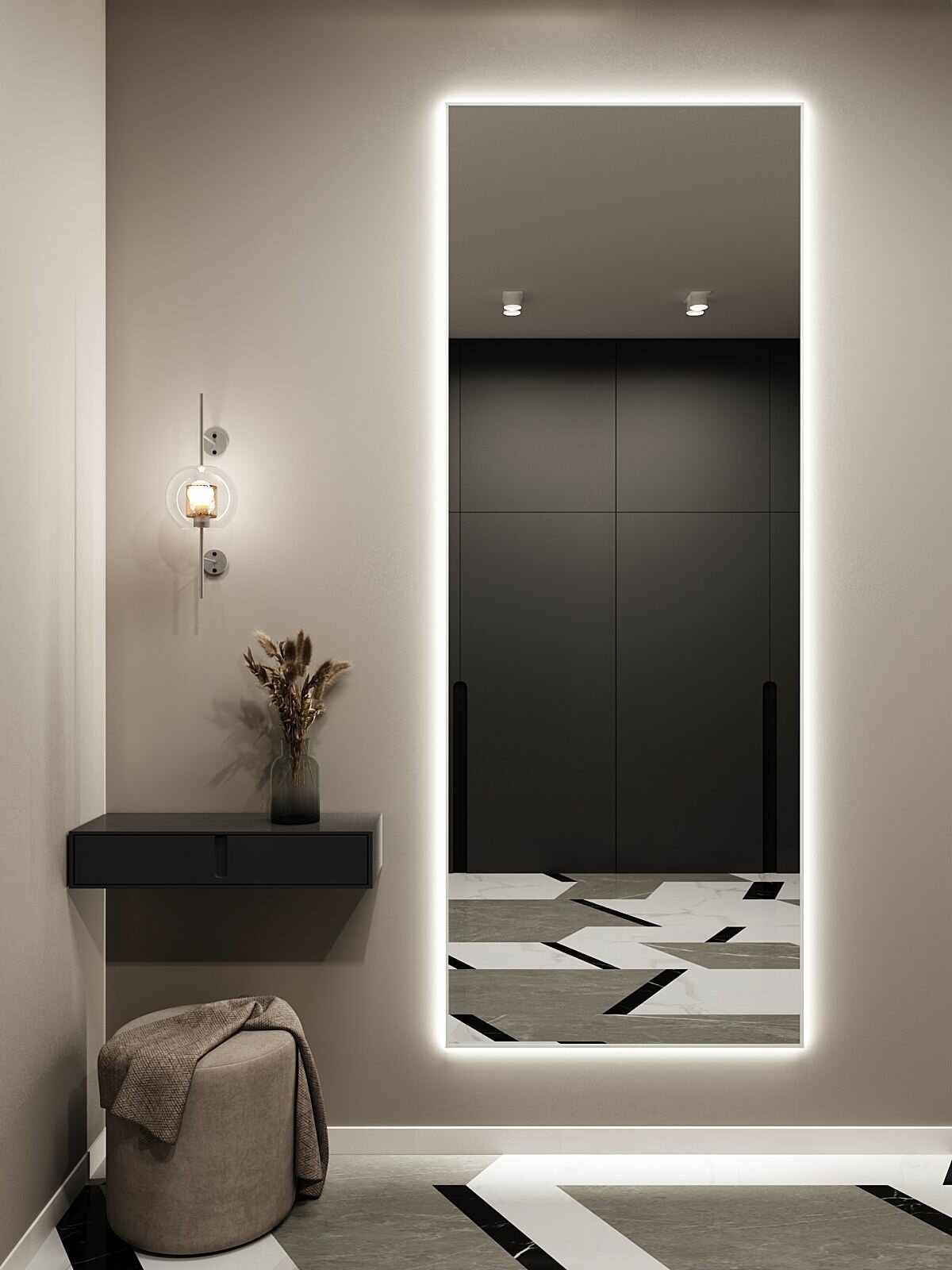 Зеркало настенное 220х80 см. белое с подсветкой. Свет: Холодный белый 6000К. В алюминиевой раме интерьерное BLX MIRROR