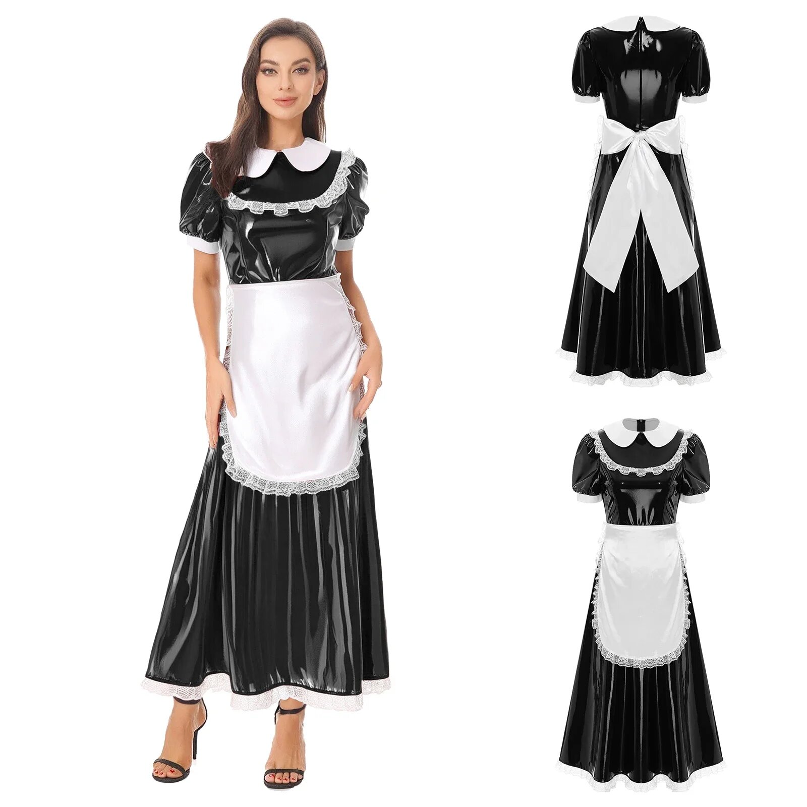 Женское милое платье горничной для косплея, тематическая вечеринка на Хэллоуин, карнавальная униформа горничной для ролевых игр, блестящее милое платье служанки с кружевной отделкой