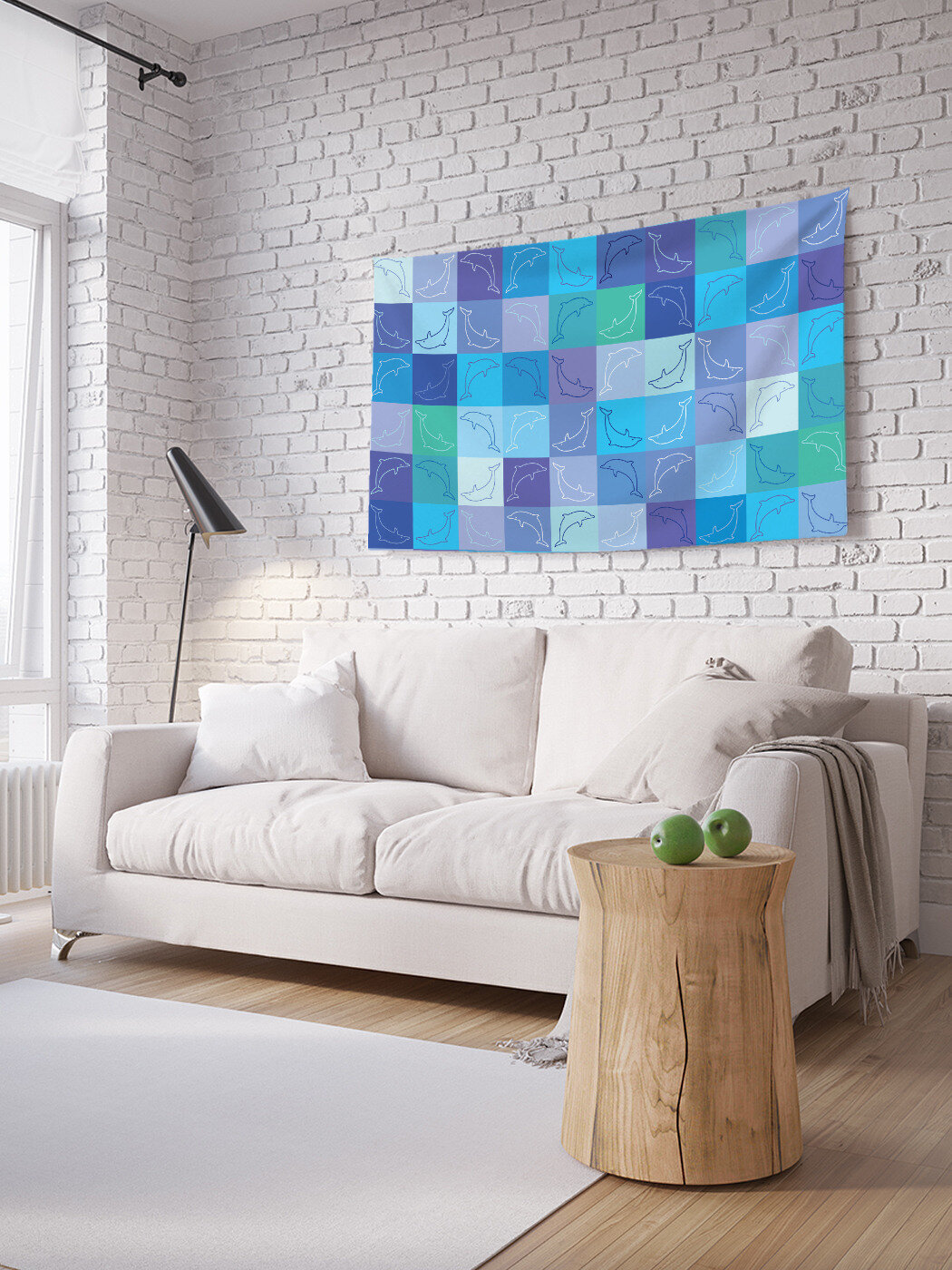 Горизонтальное фотопанно на стену "Квадраты с дельфинами", 150x200 см