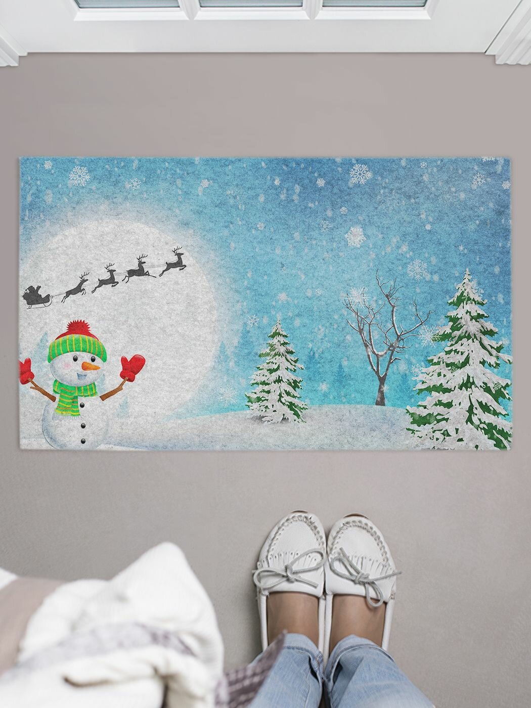 Коврик придверный в прихожую с принтом "Новогоднее настроение" 45 на 75 см , JoyArty, серия Новый год и Рождество