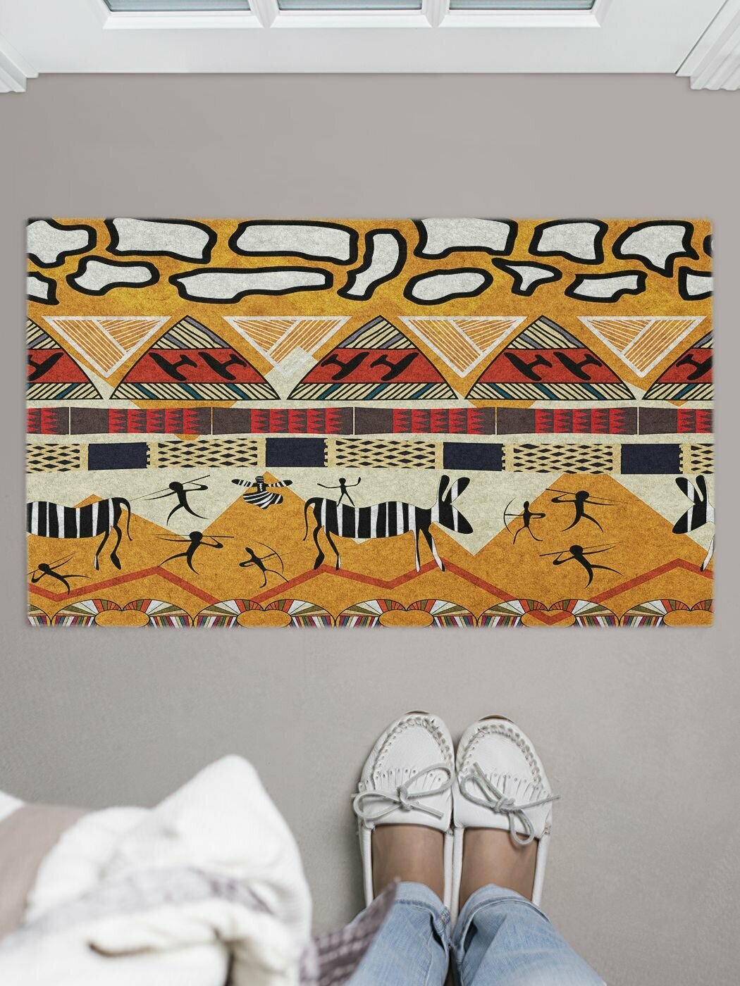 Коврик придверный в прихожую с принтом "Доисторические узоры" 45 на 75 см , JoyArty