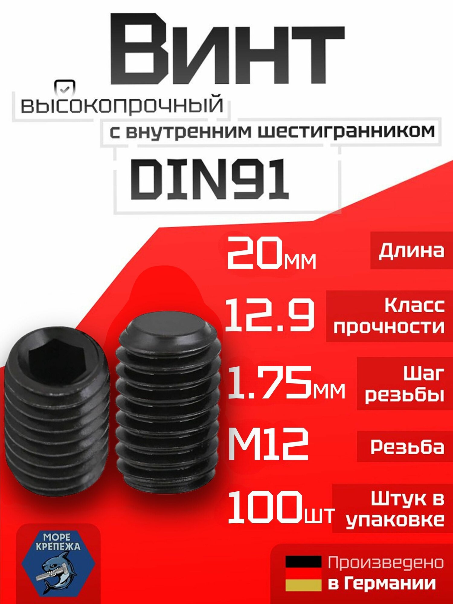 Винт установочный M12 х 20 мм (гужон) DIN 913 с плоским концом и внутренним шестигранником, сталь класса 12.9, черный, 100 шт