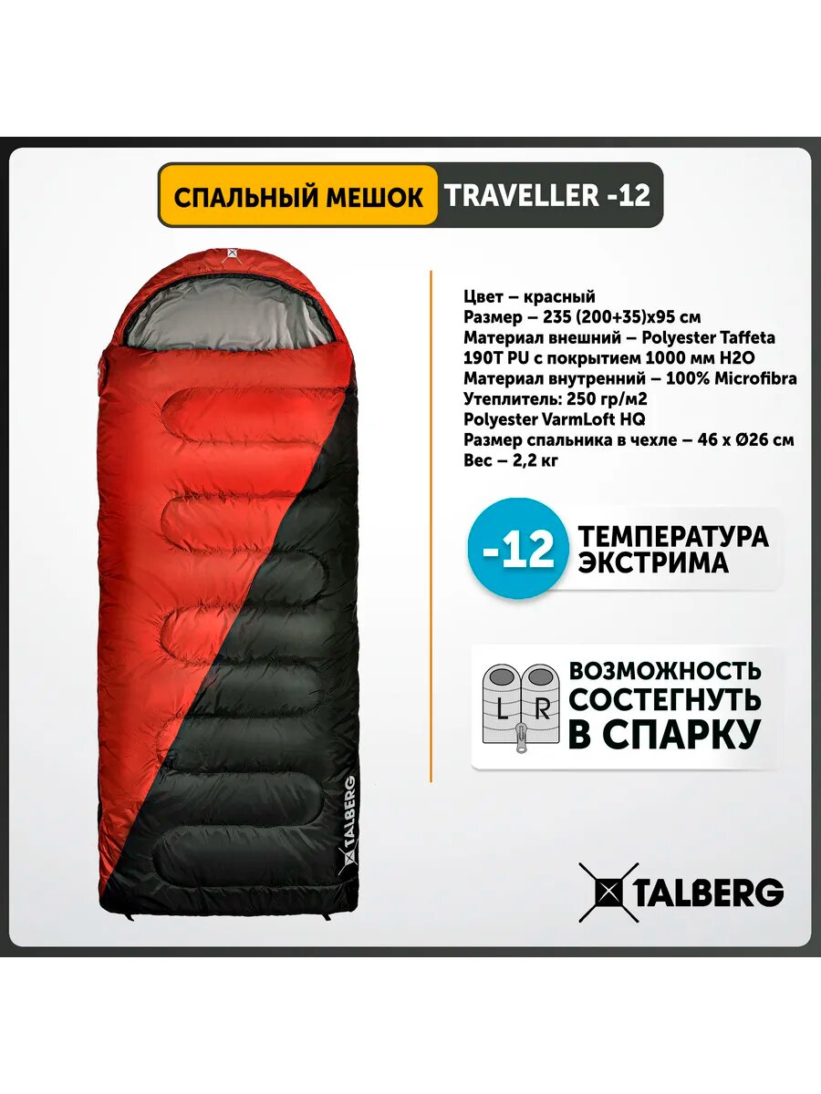 Cпальный мешок кокон туристический Talberg TRAVELLER -12 C, красный, правая молния