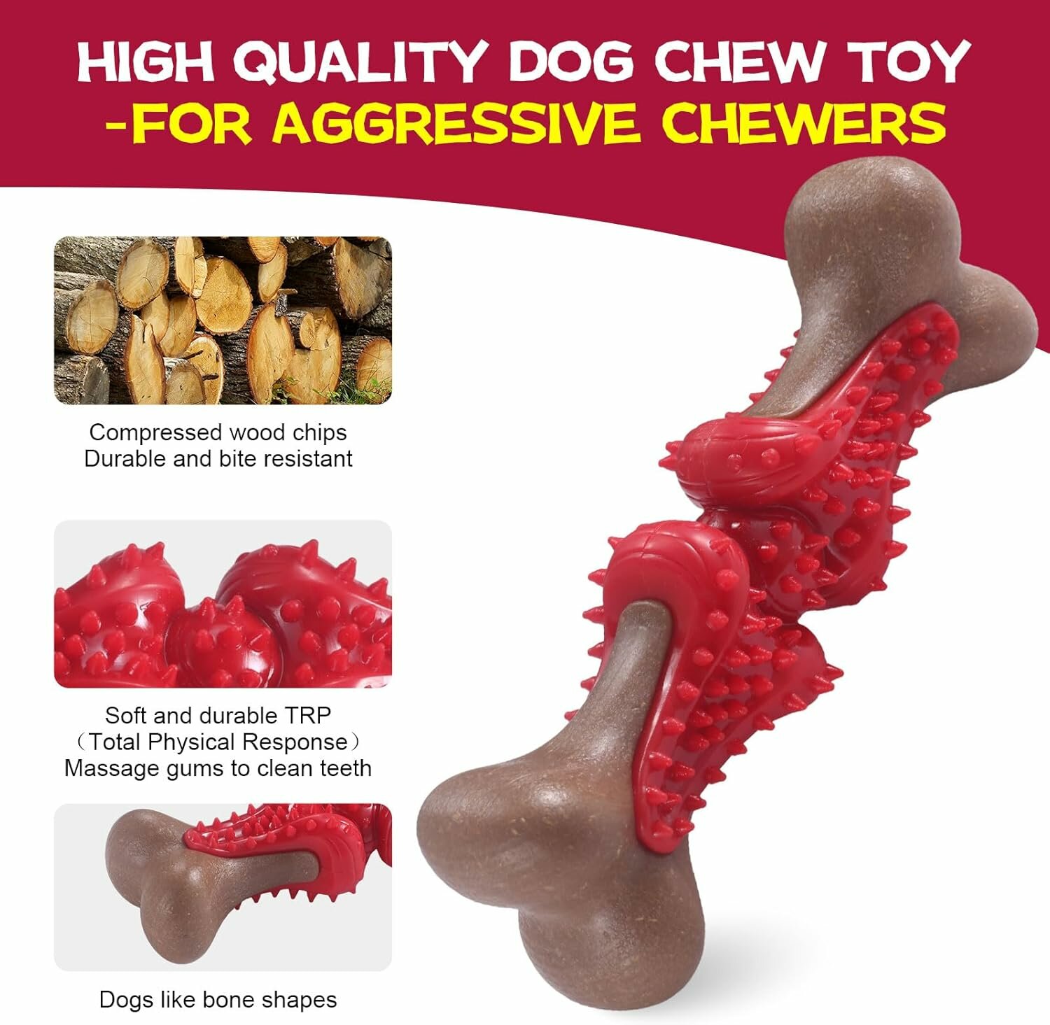 DINGXIAN Игрушка-кость для крупных собак: прочная зубная щетка из ТПР и древесного волокна для агрессивных жующих собак