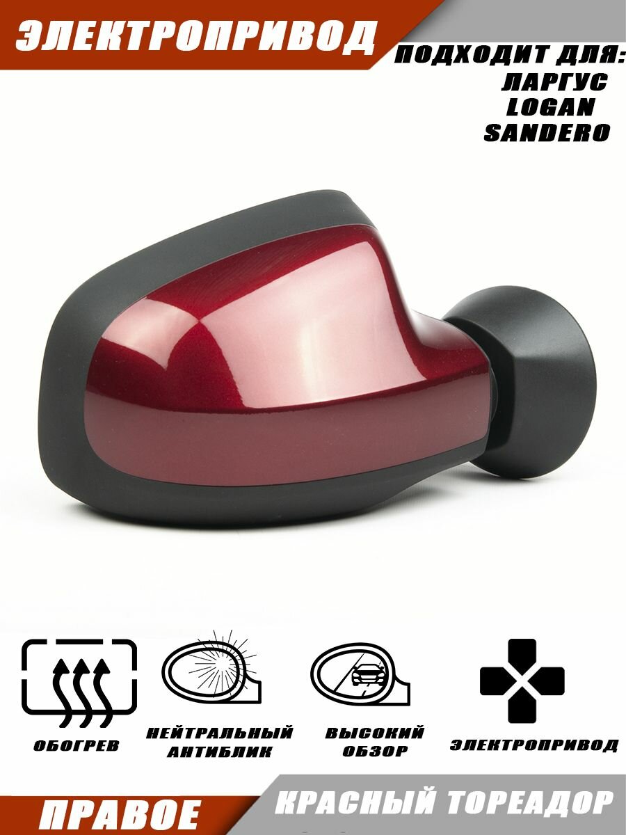 Зеркало для Лада Ларгус правое электропривод, обогрев, цвет Красный тореадор 21B. 963023520R 963017247R Solina