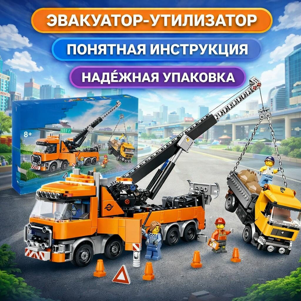 Конструктор город Тяжелый эвакуатор-утилизатор с краном 793 детали, совместим с 60467 грузовик