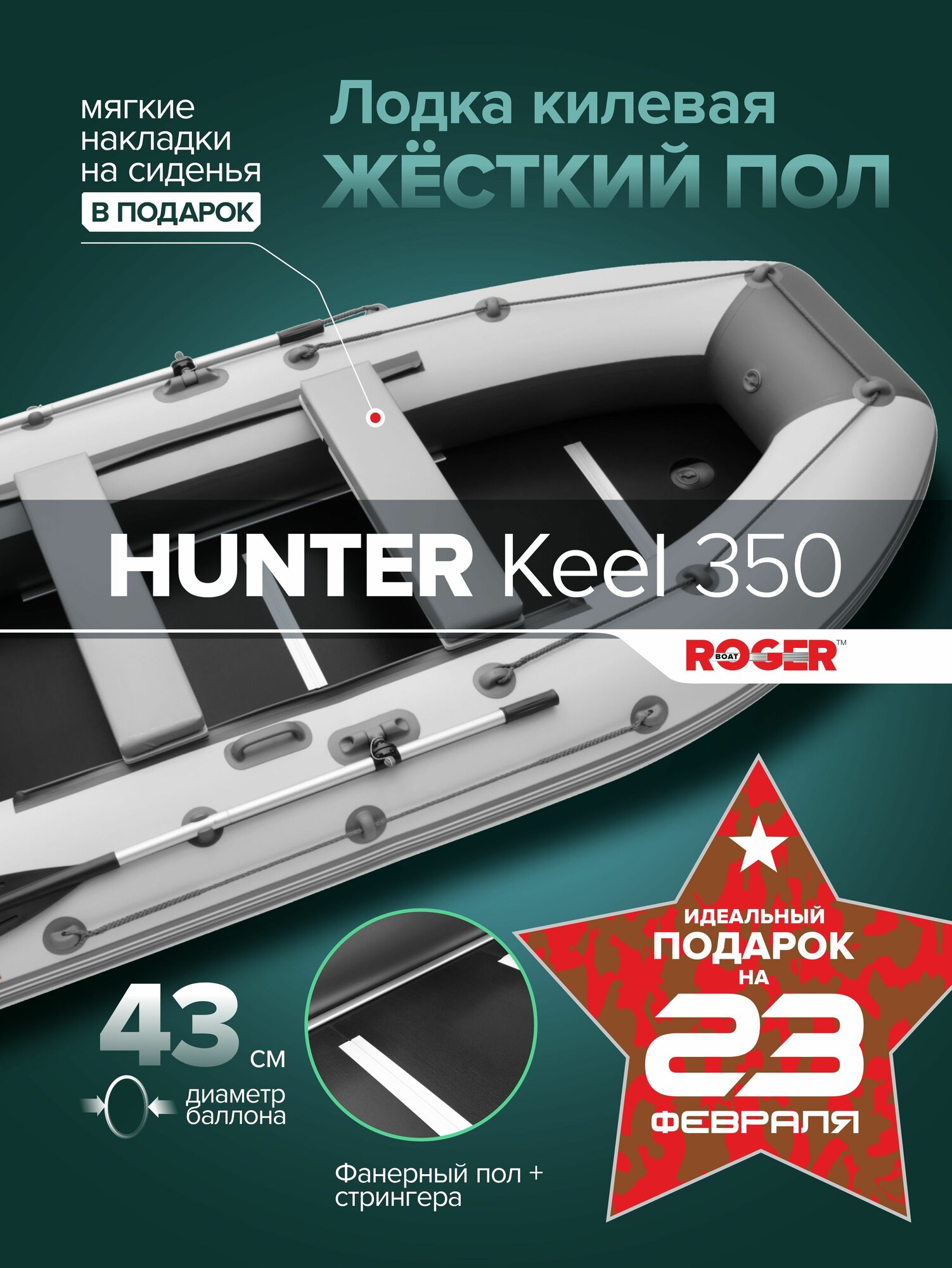 Лодка надувная ПВХ под мотор ROGER Hunter Keel 350, лодка роджер с жестким дном (белый-графитовый комбинированный)