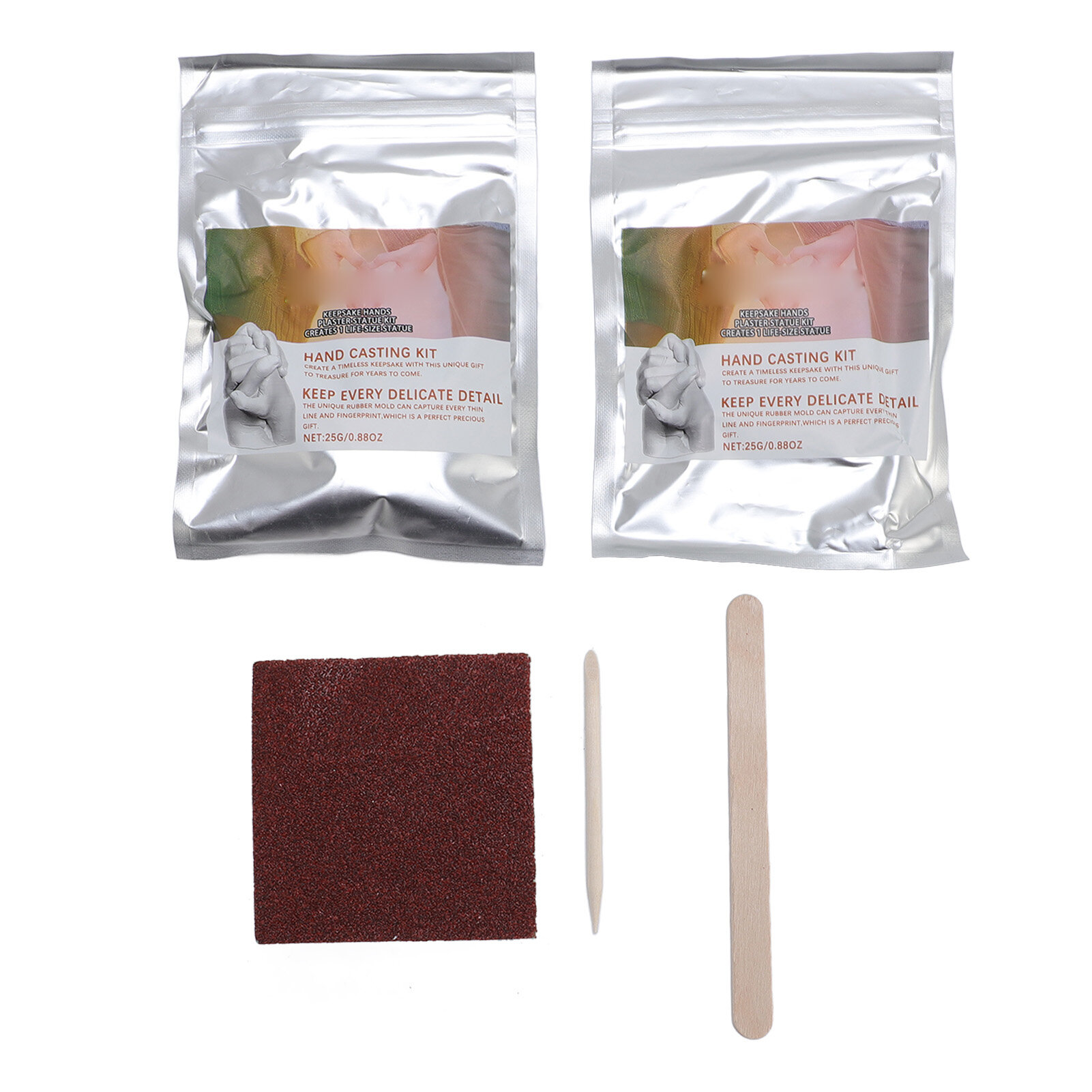 2 комплекта для ручного литья, 50 г гипсового порошка, деревянные палочки для смешивания и моделирования.