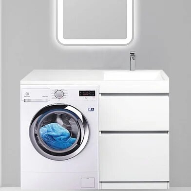 Тумба с раковиной Style Line Даллас 120 под стиральную машину, напольная, 120, 2 см, белая, глянцевая, из МДФ, с ящиками, раковина для ванной, из искусственного камня, прямоугольная