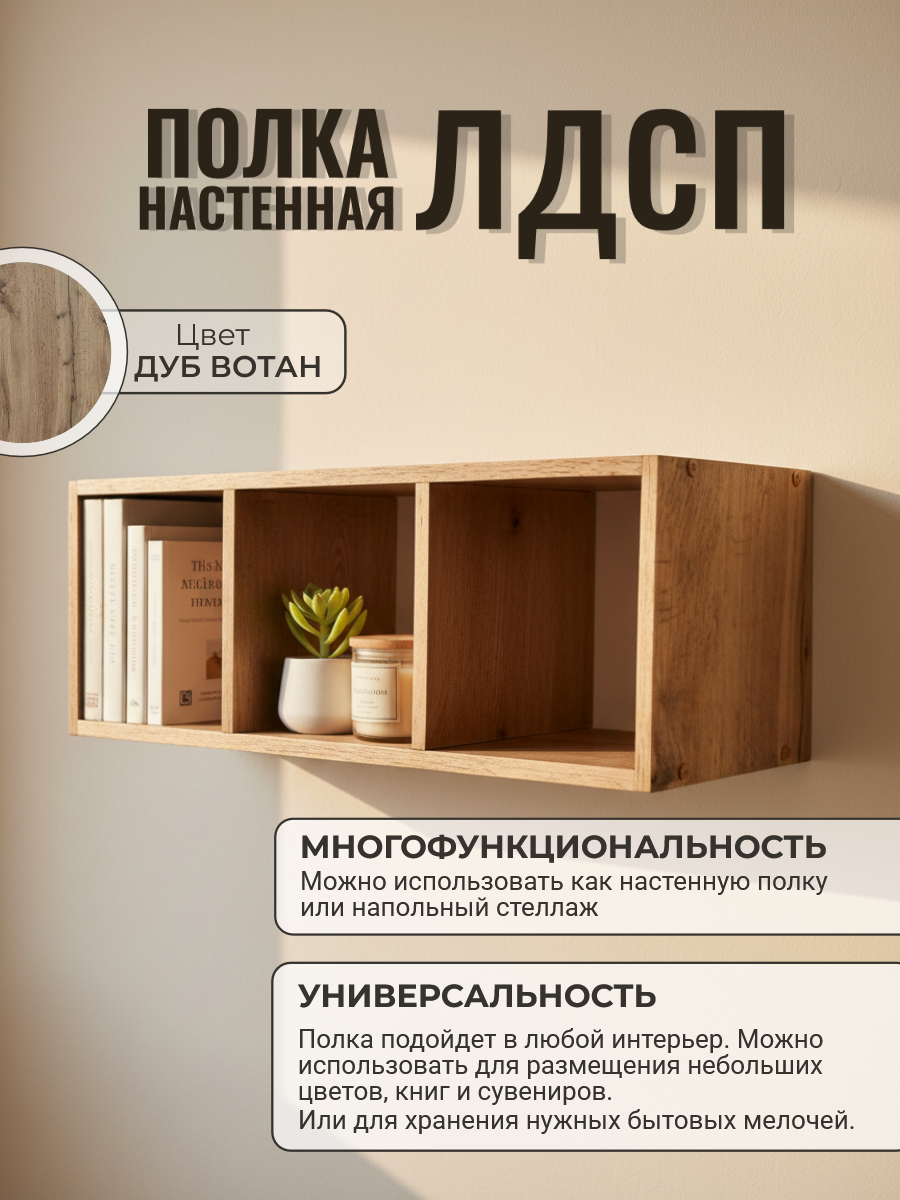 Полка настенная, универсальная, 3 отсека, ЛДСП дуб вотан, 26х75х20см