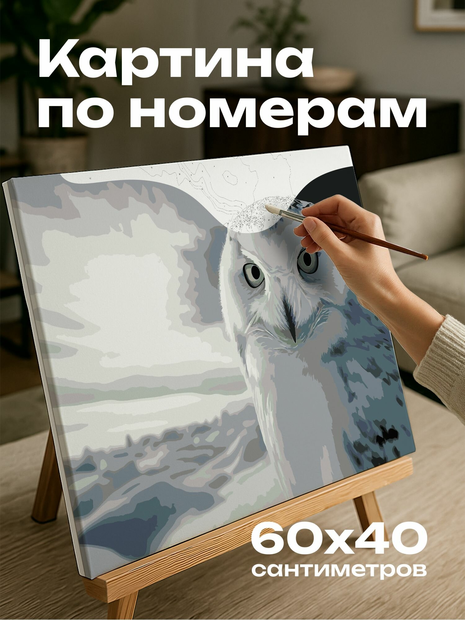 Картина по номерам 60x40 см, снежная сова, оперение, арктическая среда, телеобъектив, снежные пейзажи