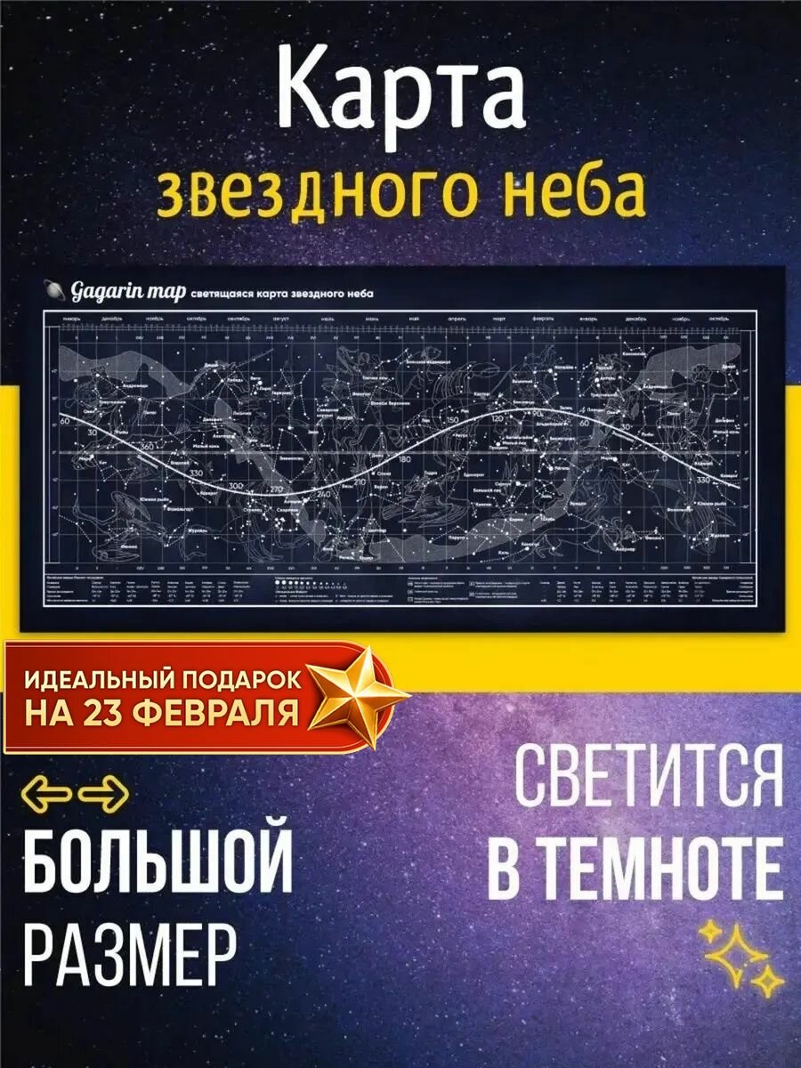 Карта звездного неба космоса настенная светящаяся для детей в подарок Gagarin Map