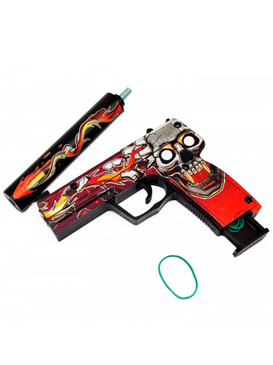 Деревянный пистолет с глушителем ЮСП "Огненный череп" резинкострел, стреляет резинками