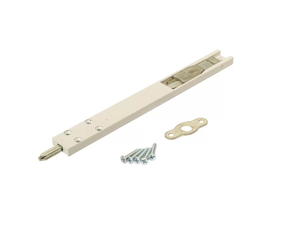 Комплект: шпингалет ELEMENTIS дверной накладной, ответная планка, саморезы, 220*22*8 мм, белый. RAL9016