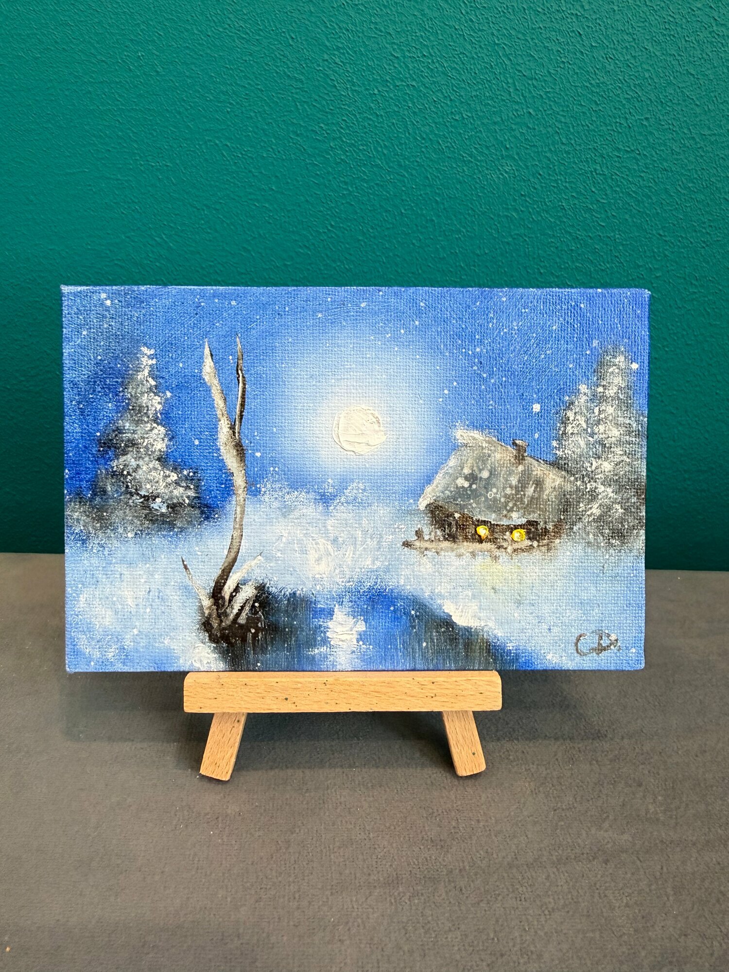 Картина маслом ручной работы на холсте на картоне: Зимний Домик для интерьера дома, размер 10х15 см