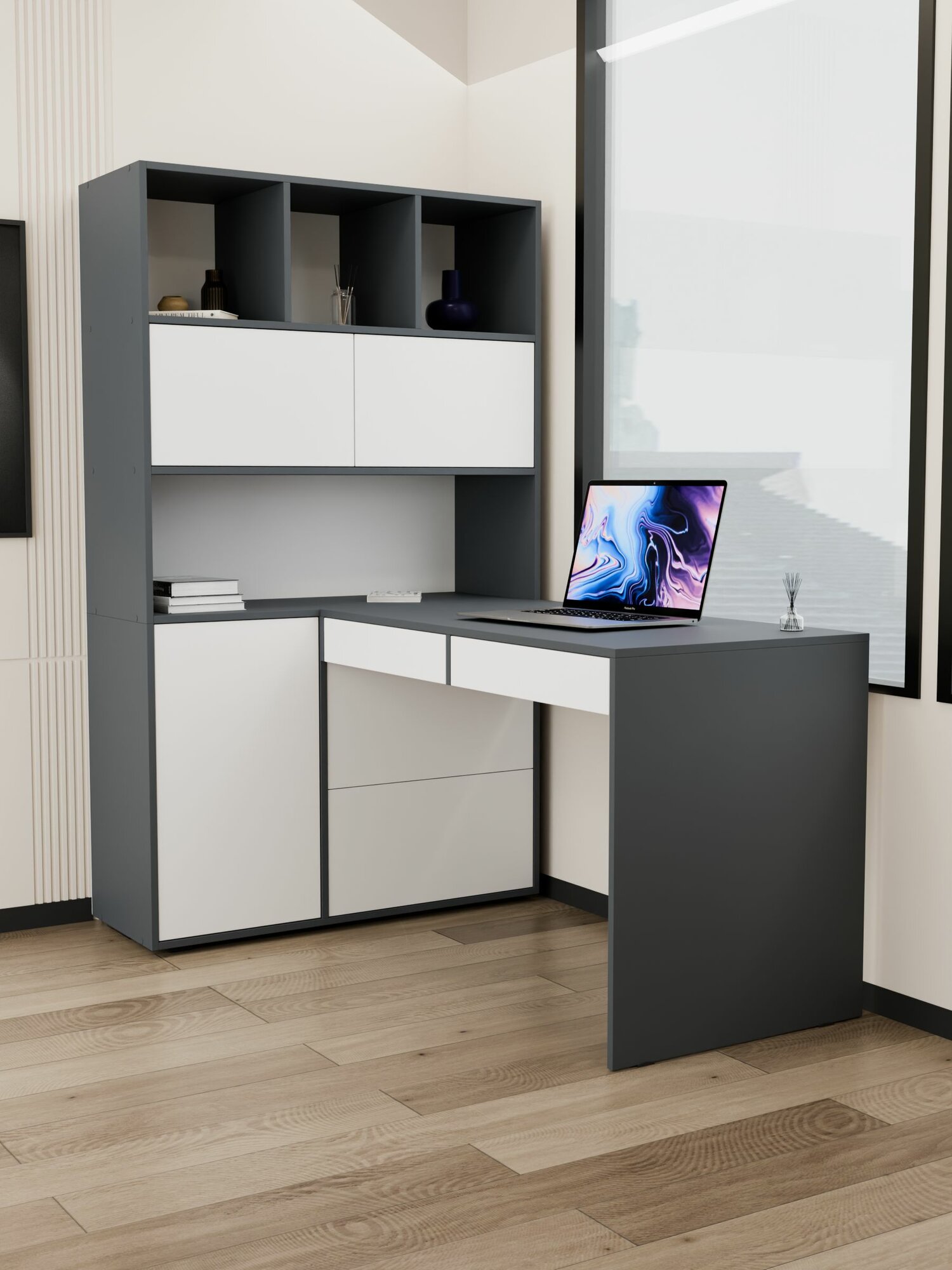 Изумлит Стол-шкаф письменный угловой для учебы и работы, шкаф слева 168х100х147.6 см, графит-белый